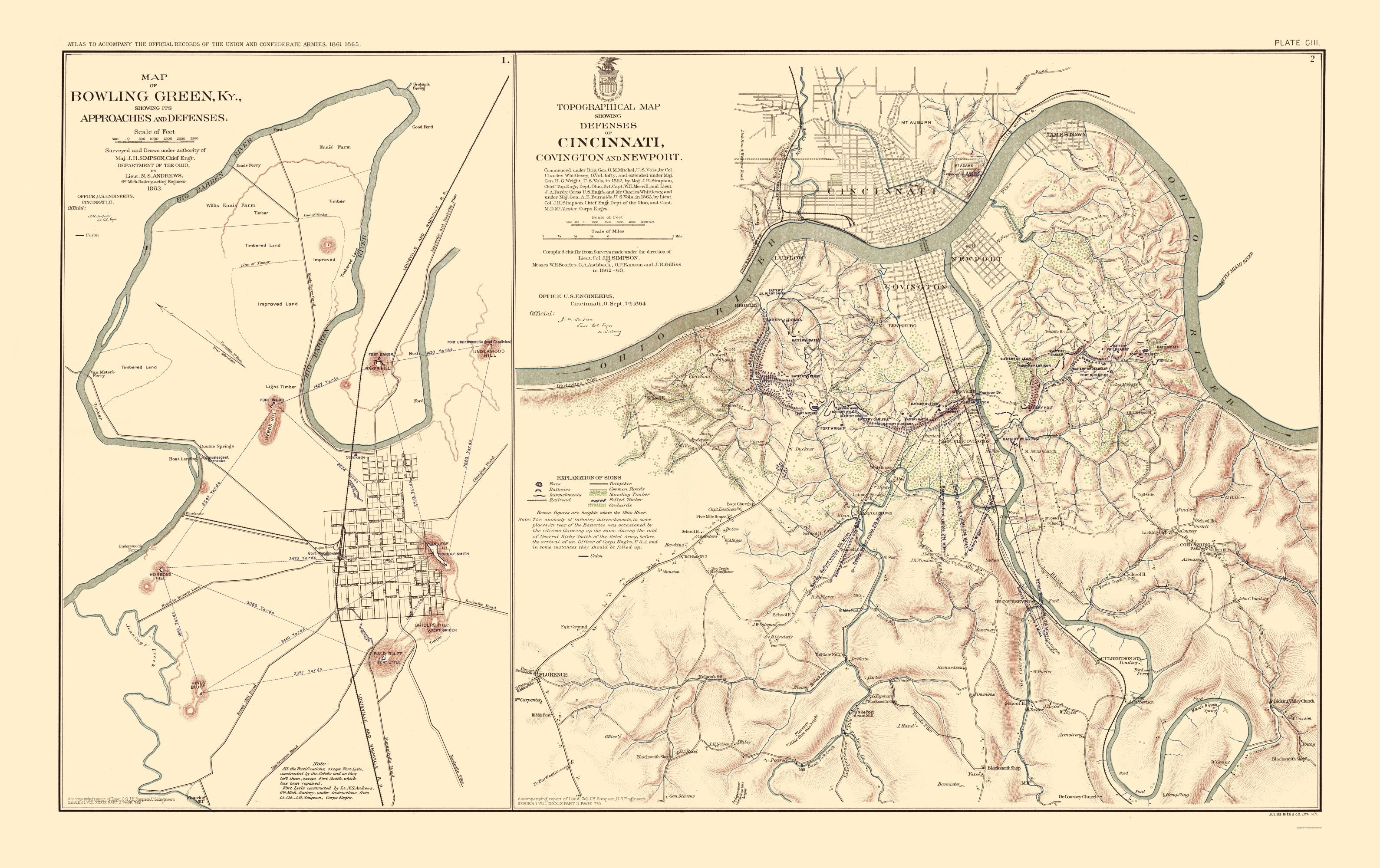 Historical Civil War Map - Bowling Green Cincinnati Defenses Approaches ...