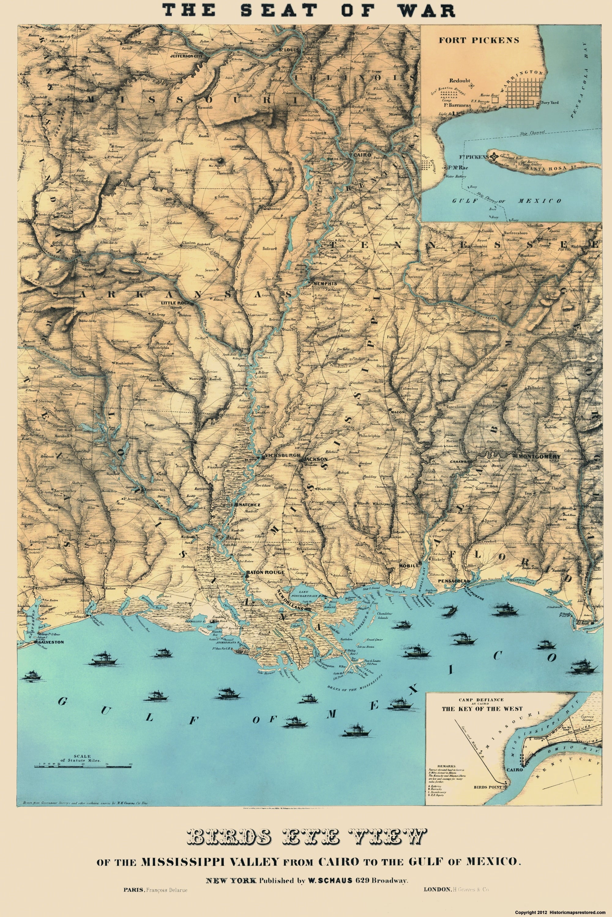 Historical Civil War Map - Cairo Mississippi Gulf of Mexico - Schaus ...