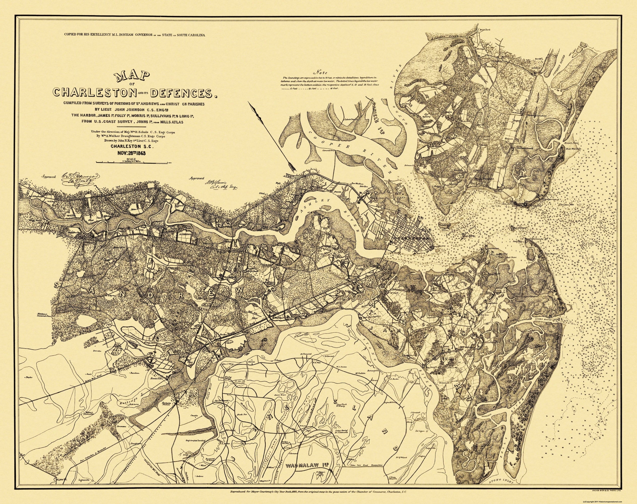 Historical Civil War Map - Charleston Defences - Walker 1885 - 29.06 x ...