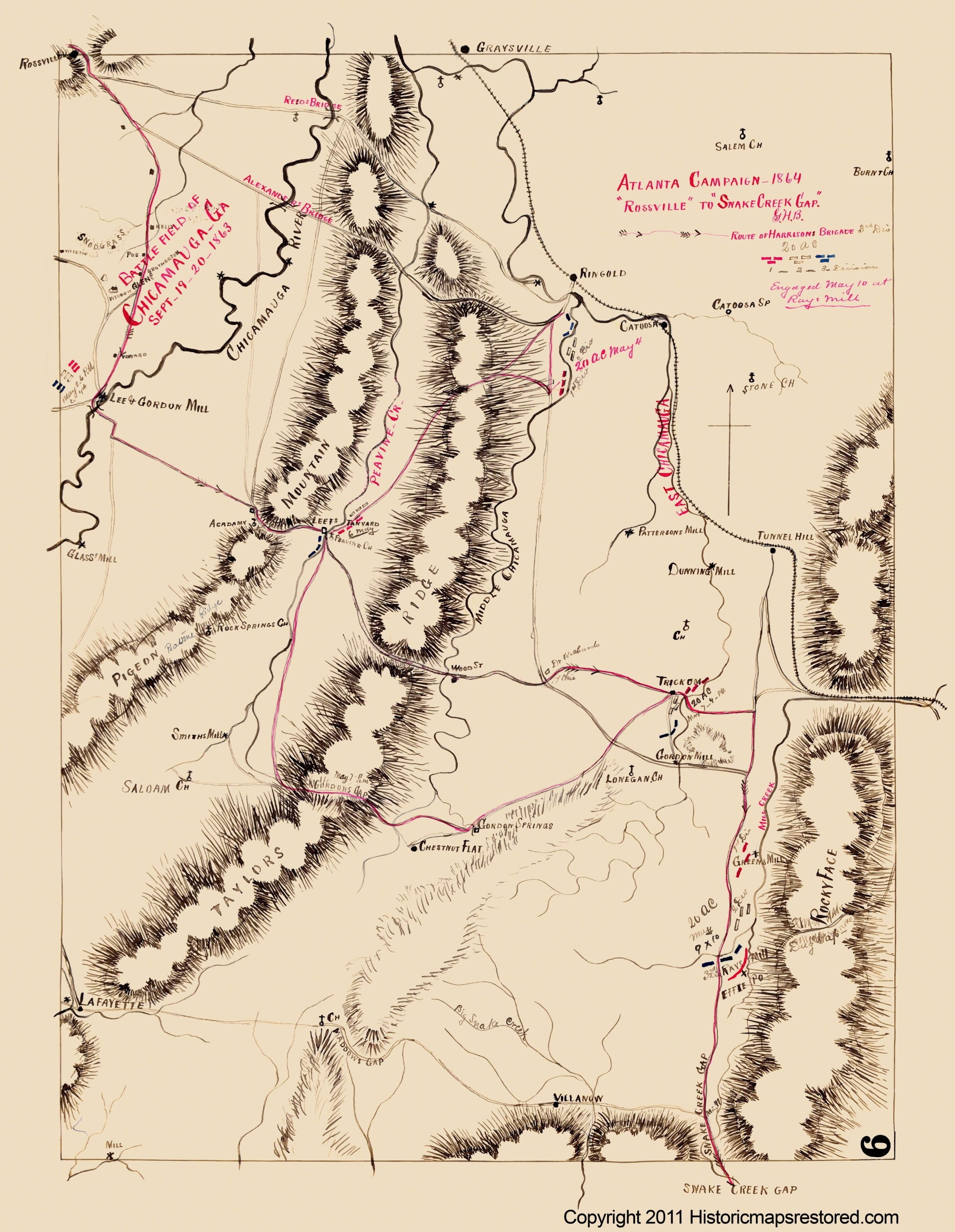 Historical Civil War Map - Chickamauga Georgia Battlefield - 1864 - 23 ...