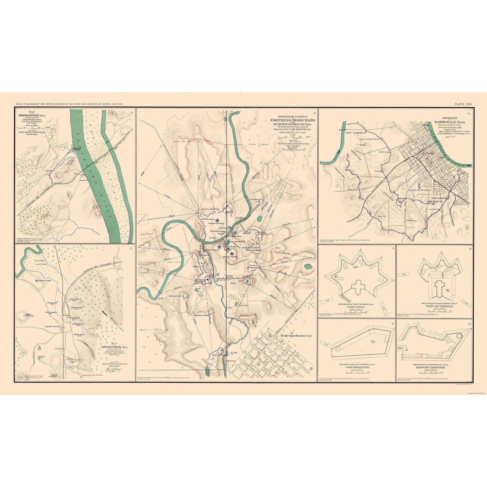 Historical Civil War Map - Defenses Forts 8 Views - Bien 1894 - 36.96 x ...