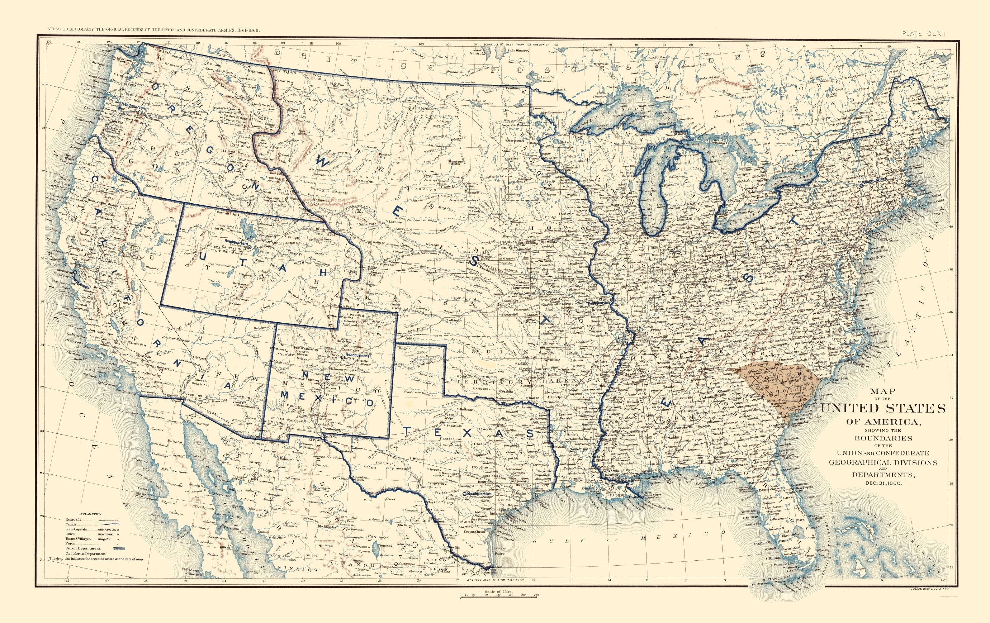 Historical Civil War Map - Geographical Divisions Departments December ...