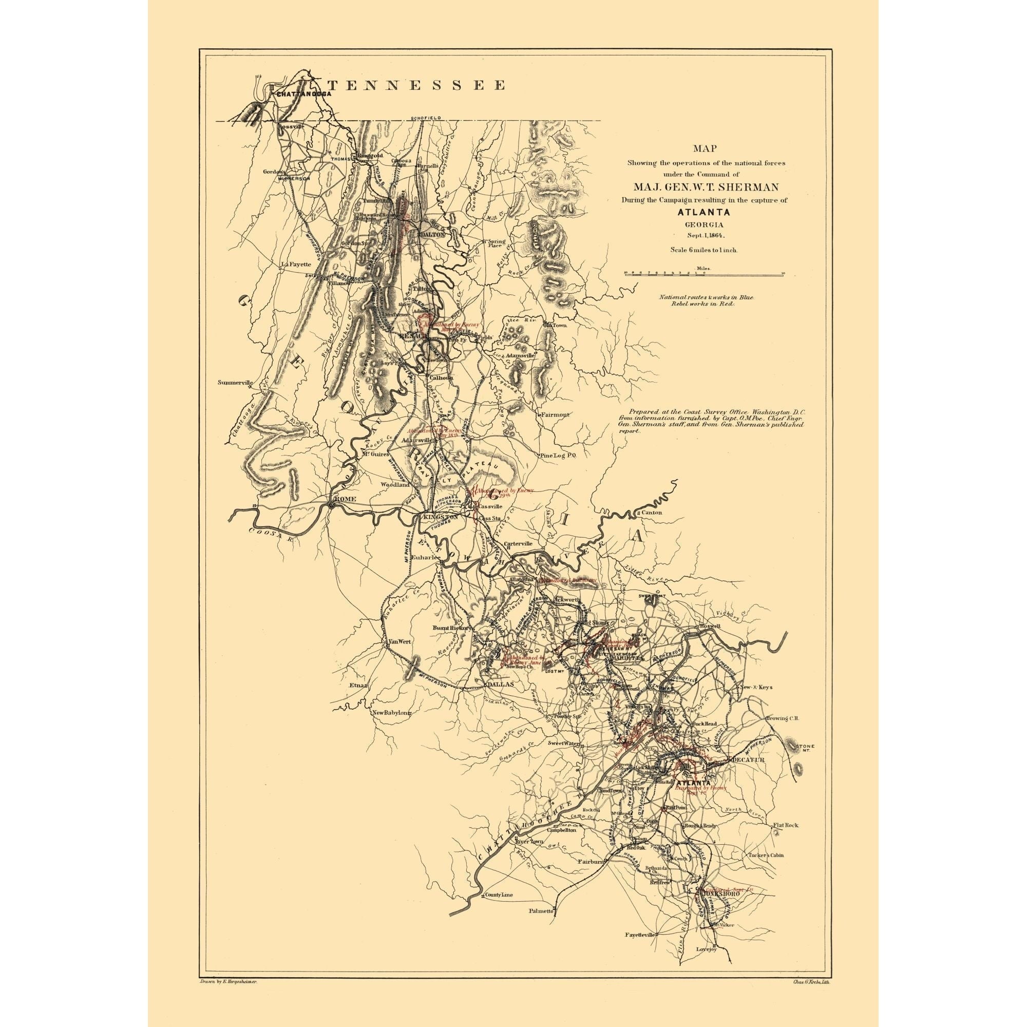 Historical Civil War Map - Georgia Sherman Campaign - Hergesheimer 1864 ...