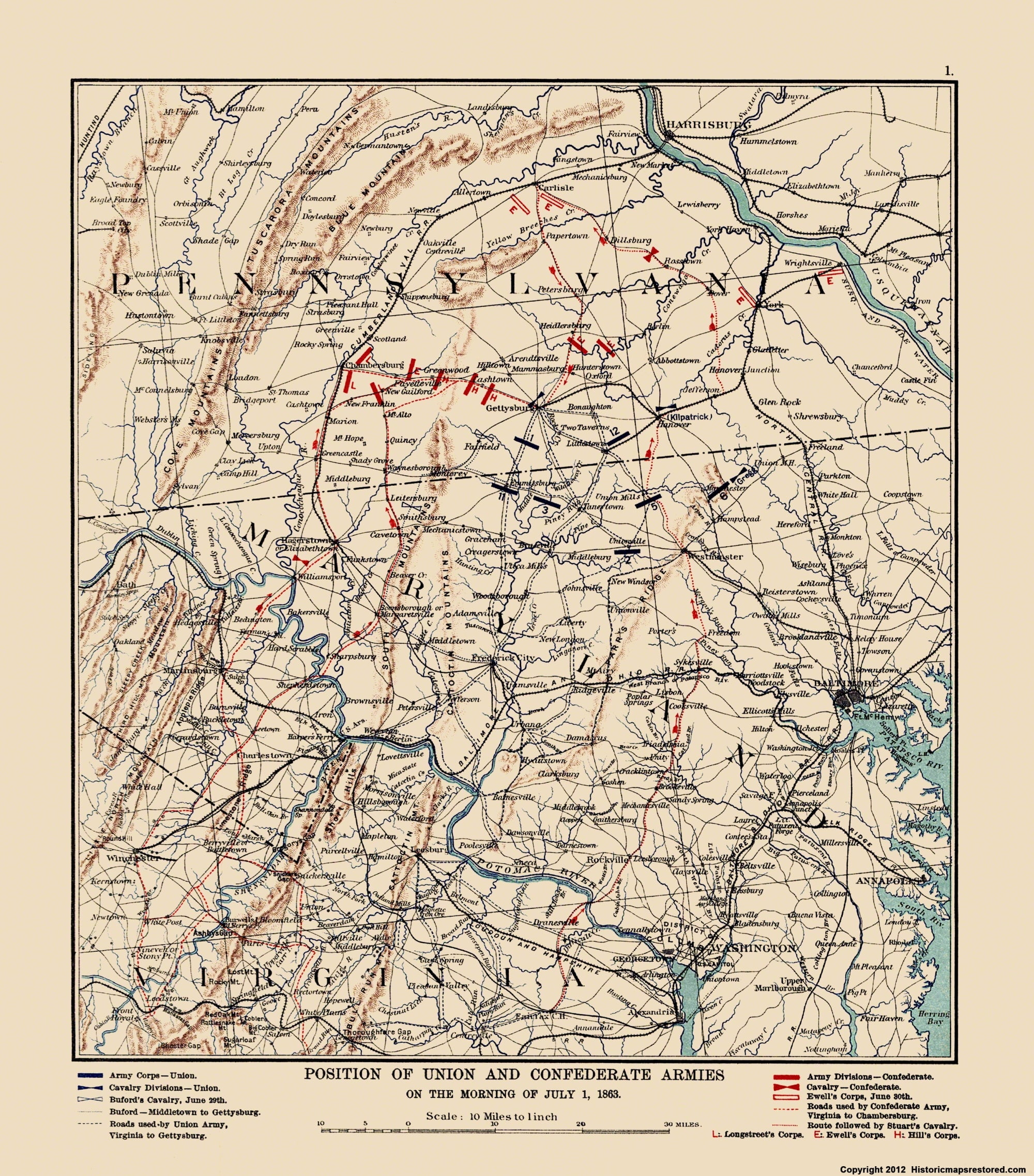 Historical Civil War Map - Gettysburg Pennsylvania Calvary Positions ...