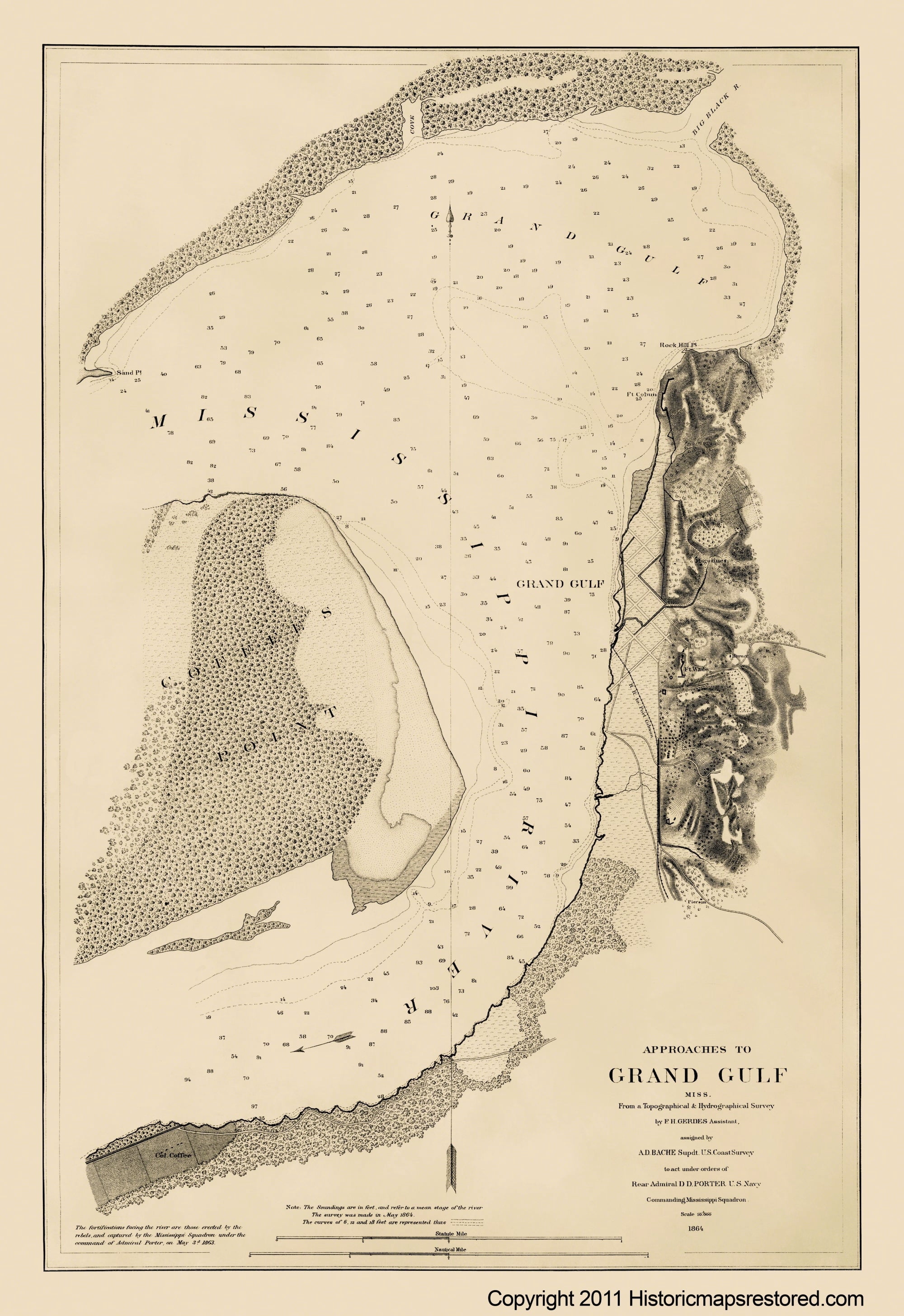 Historical Civil War Map - Grand Gulf Mississippi Approaches - Bache ...