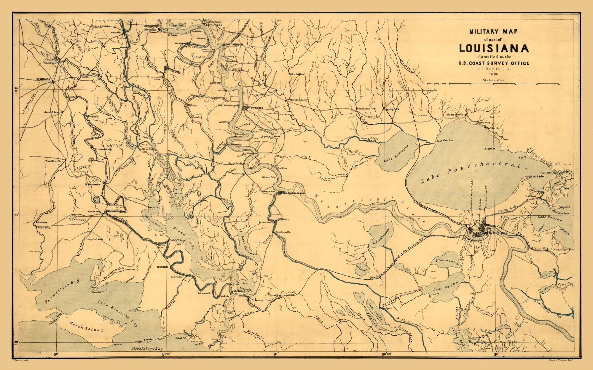 Historical Civil War Map - Louisiana Miltary Map - Bache 1863 - 36.82 x ...