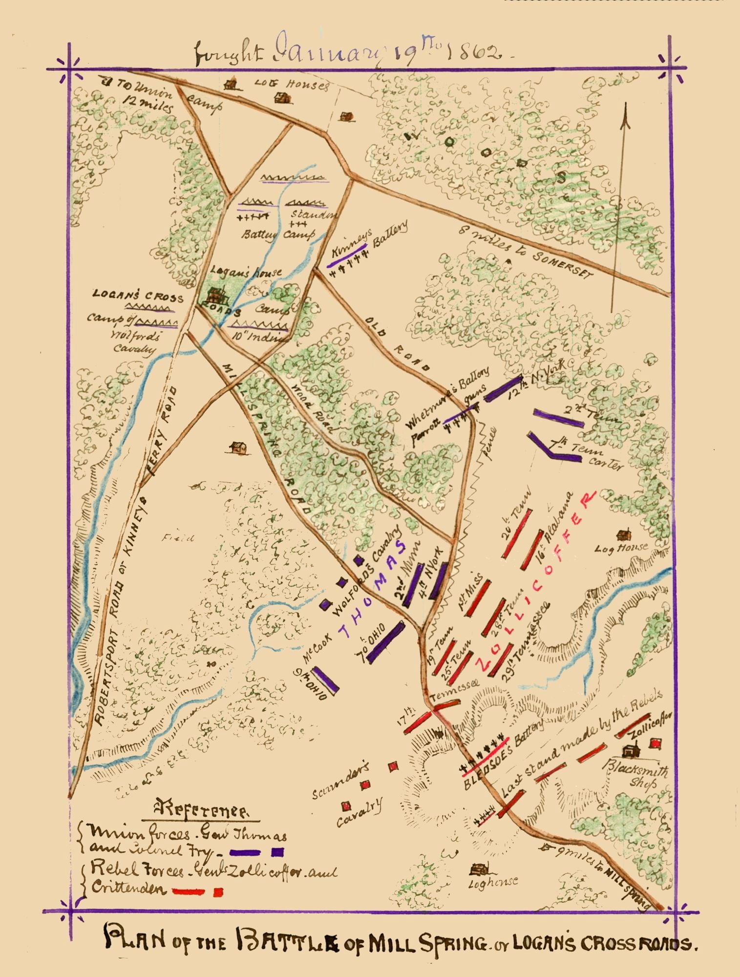 Historical Civil War Map - Mill Springs Kentucky Battle - Sneden 1862 ...