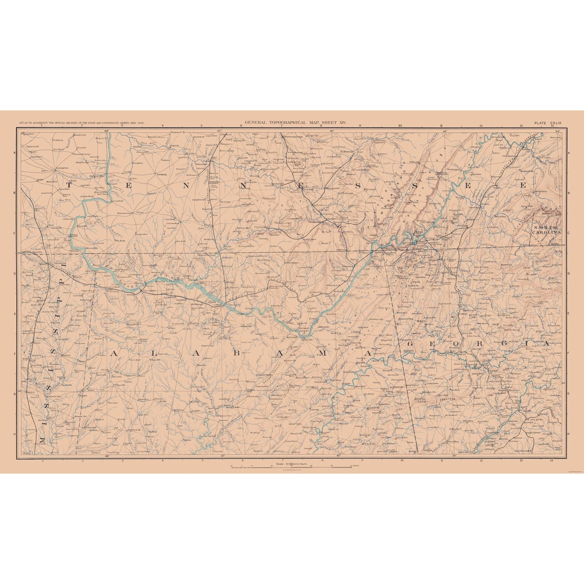 Historical Civil War Map - Mississippi Tennessee Alabama Georgia - Bien ...