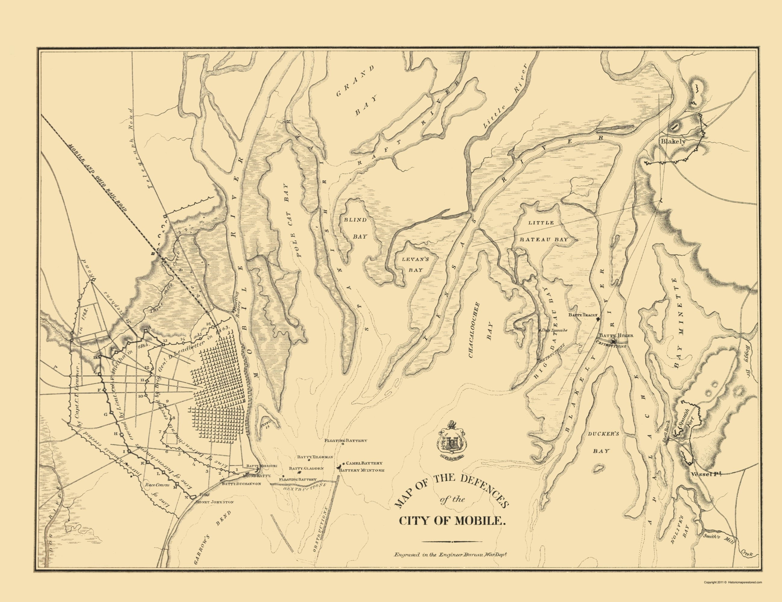 Historical Civil War Map - Mobile Alabama Defences - Bowen 1866 - 23 x ...