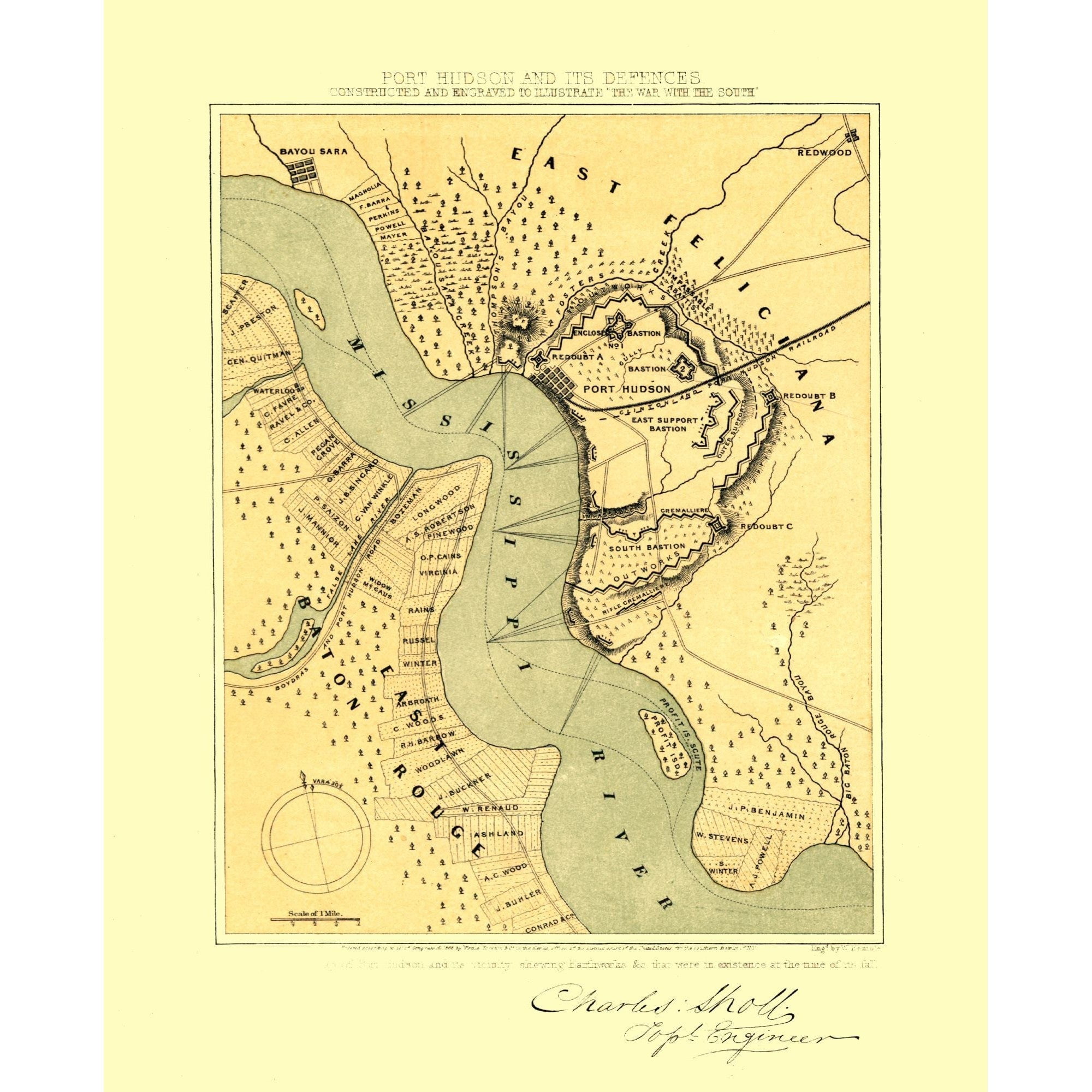 Historical Civil War Map - Port Hudson Louisiana - Sholl 1863 - 23 x 28 ...