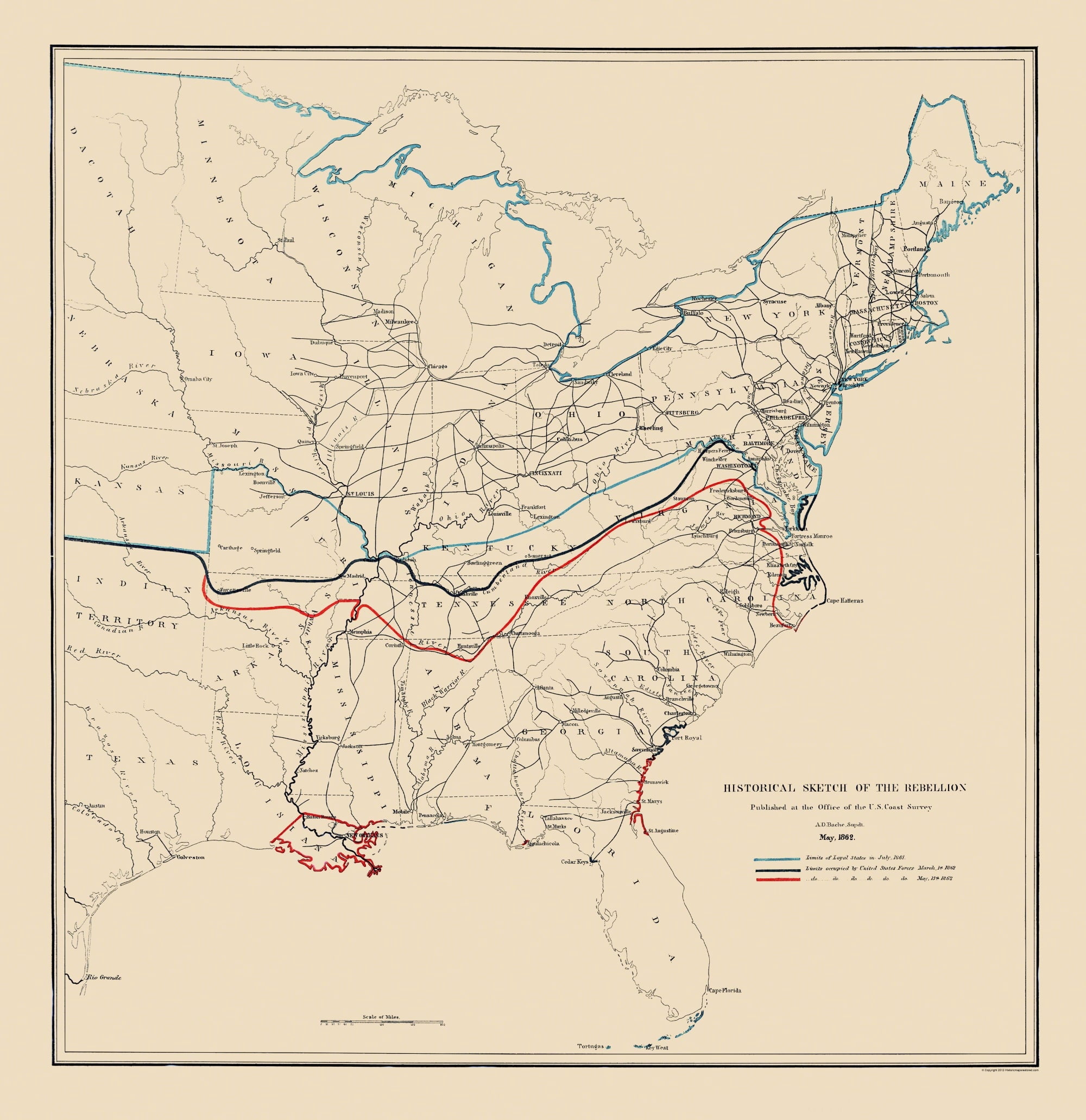 Historical Civil War Map - Rebellion Historical Sketch May - Bache 1862 ...