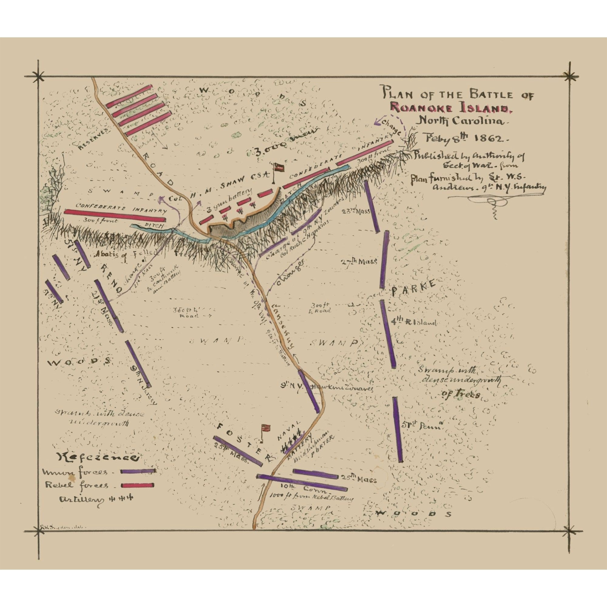 Historical Civil War Map - Roanoke Island North Carolina Battle ...