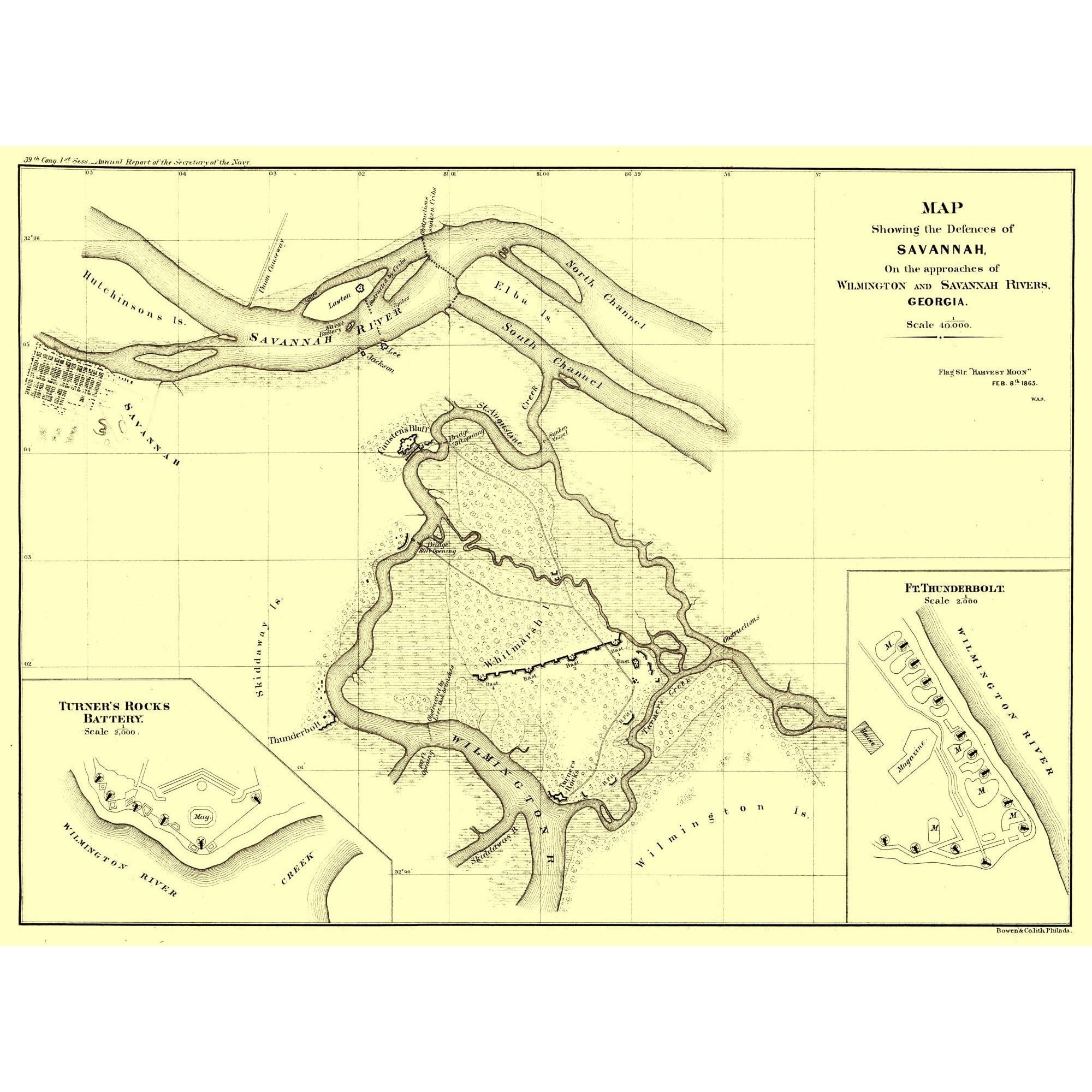 Historical Civil War Map - Savannah Georgia Defences - Bowen 1865 - 31.37 x 23 - Vintage Wall ...