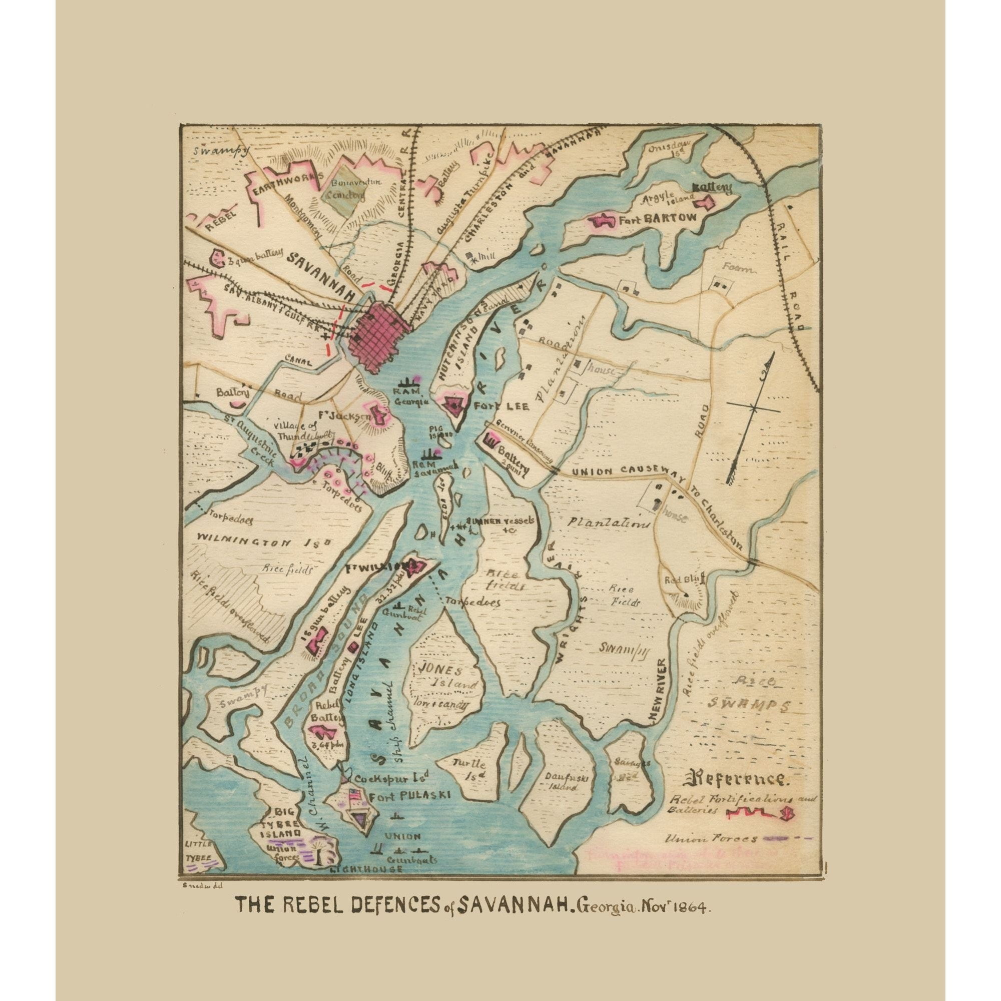 Historical Civil War Map - Savannah Georgia Defences - Sneden 1864 - 23 x 25.87 - Vintage Wall ...