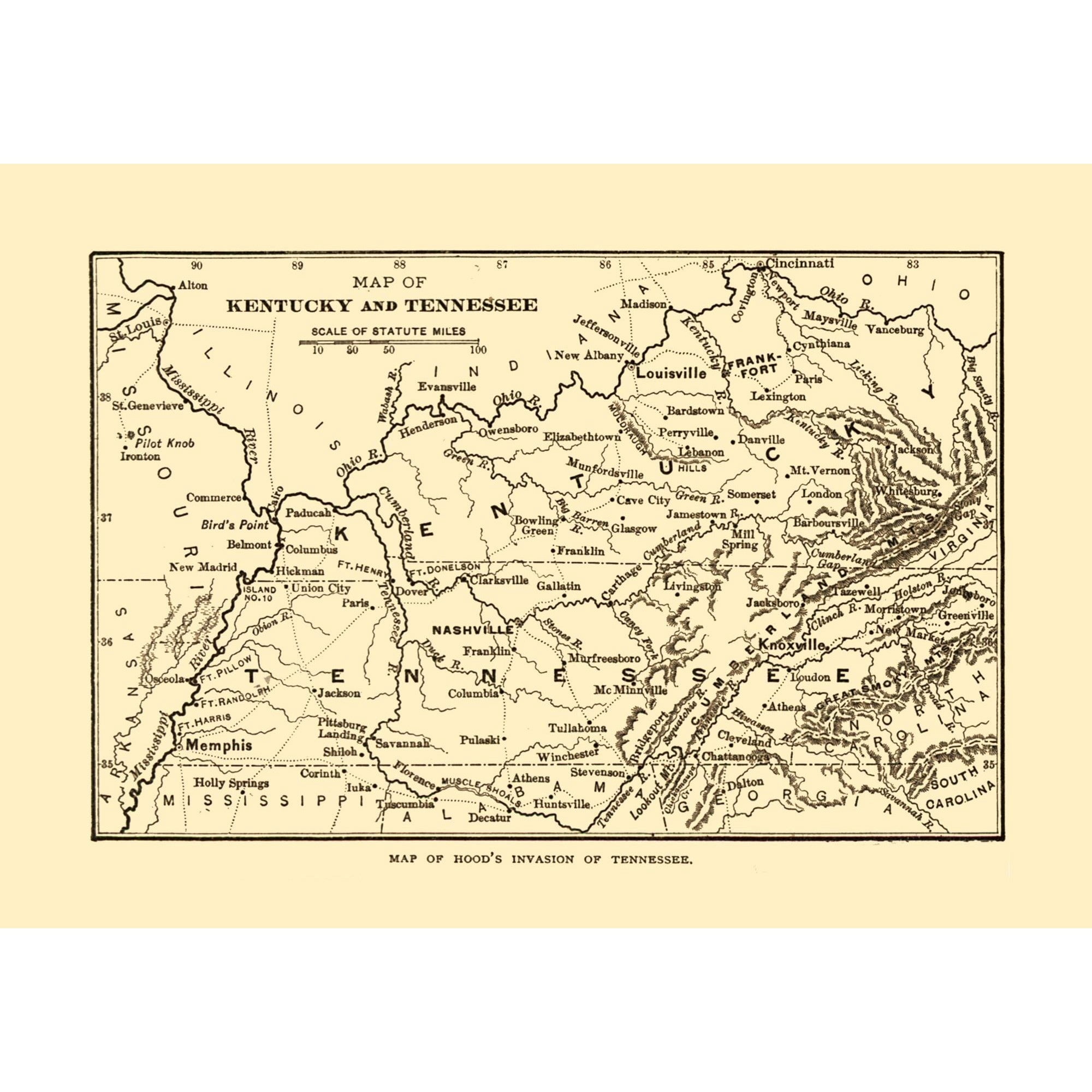 Historical Civil War Map - Tennessee Hoods Invasion -Century 1864 - 32. ...