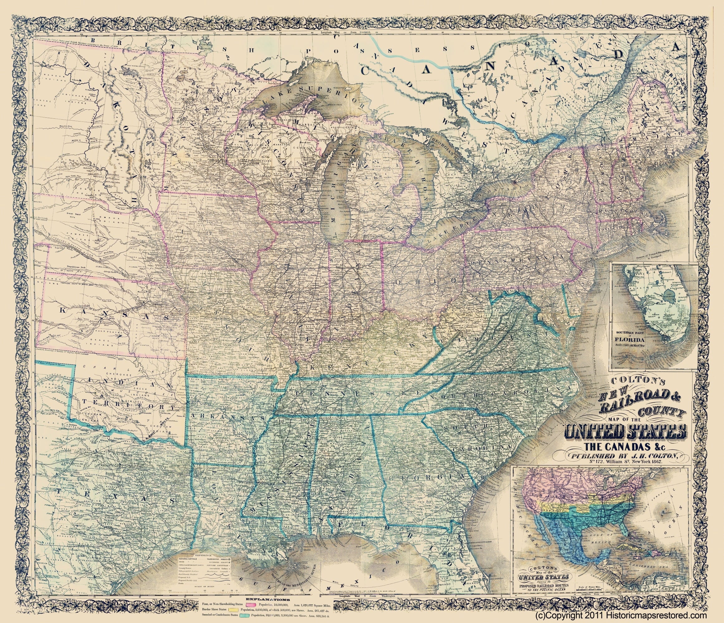Historical Civil War Map - United States Canadas Railroad - Colton 1862 ...