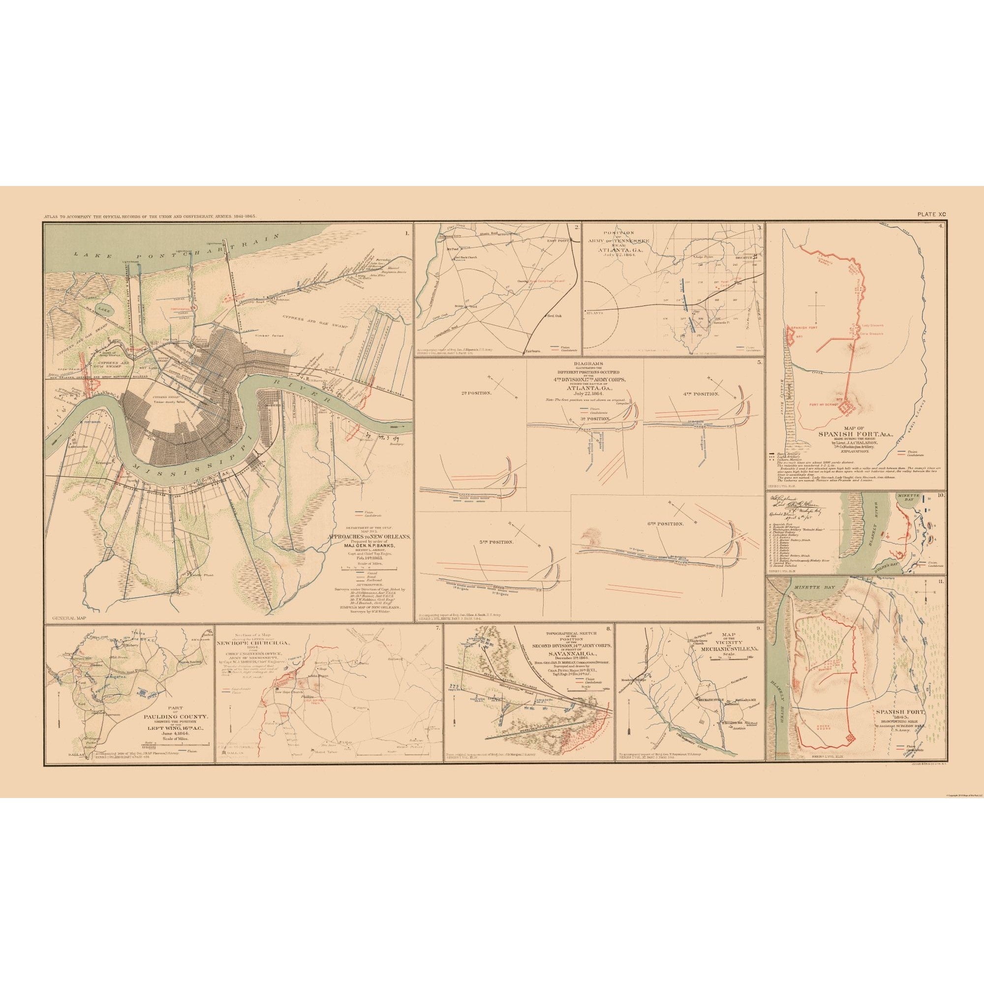 Historical Civil War Map - United States Southern Approaches Forts ...