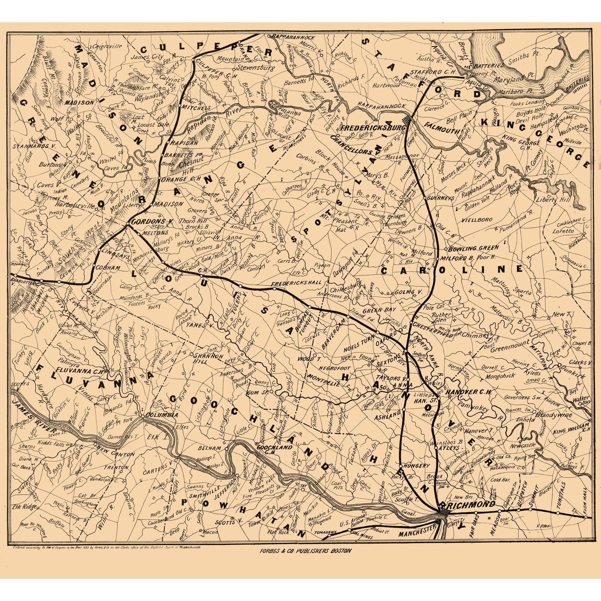 Historical Civil War Map - Virginia Battle Grounds - Forbes 1863 - 24. ...
