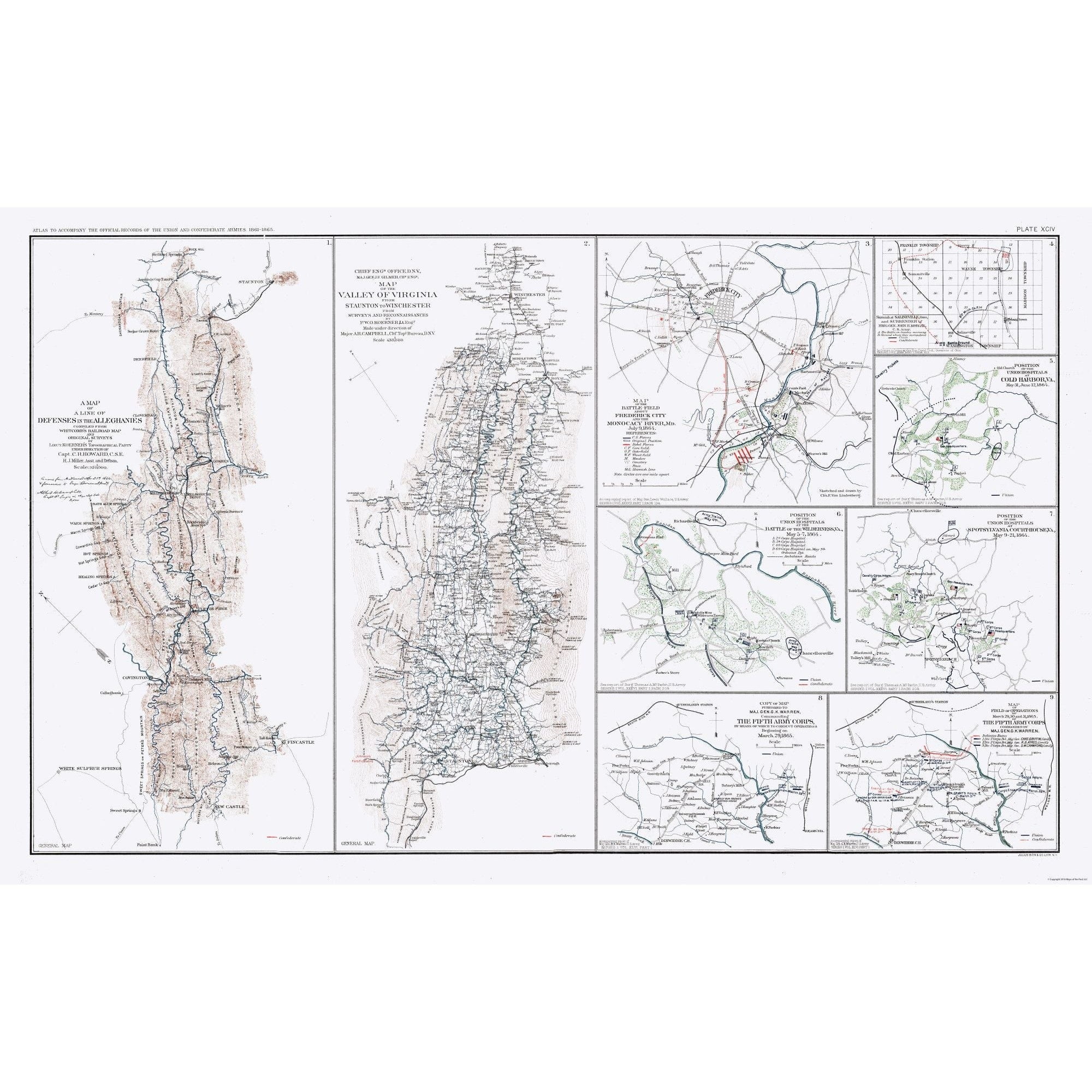 Historical Civil War Map - Virginia Maryland Major Battles - Bien 1894 ...