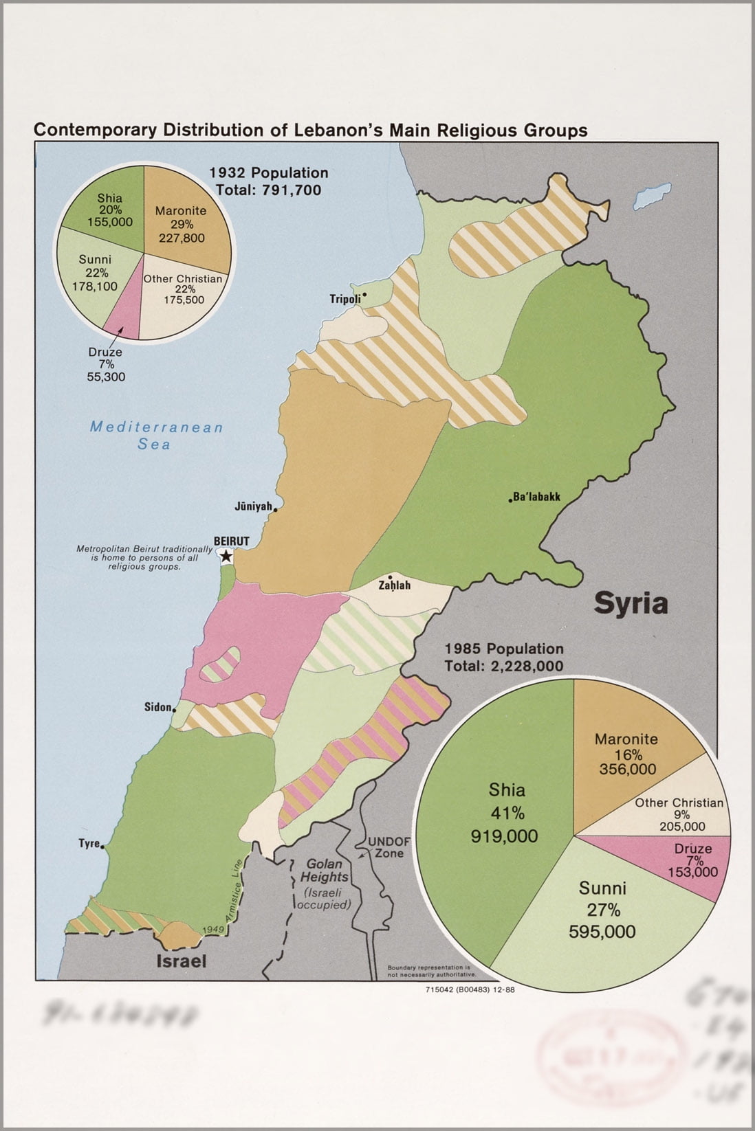 History Galore CIA Map of Lebanon Main Religious Groups 1988 24" x 36 ...