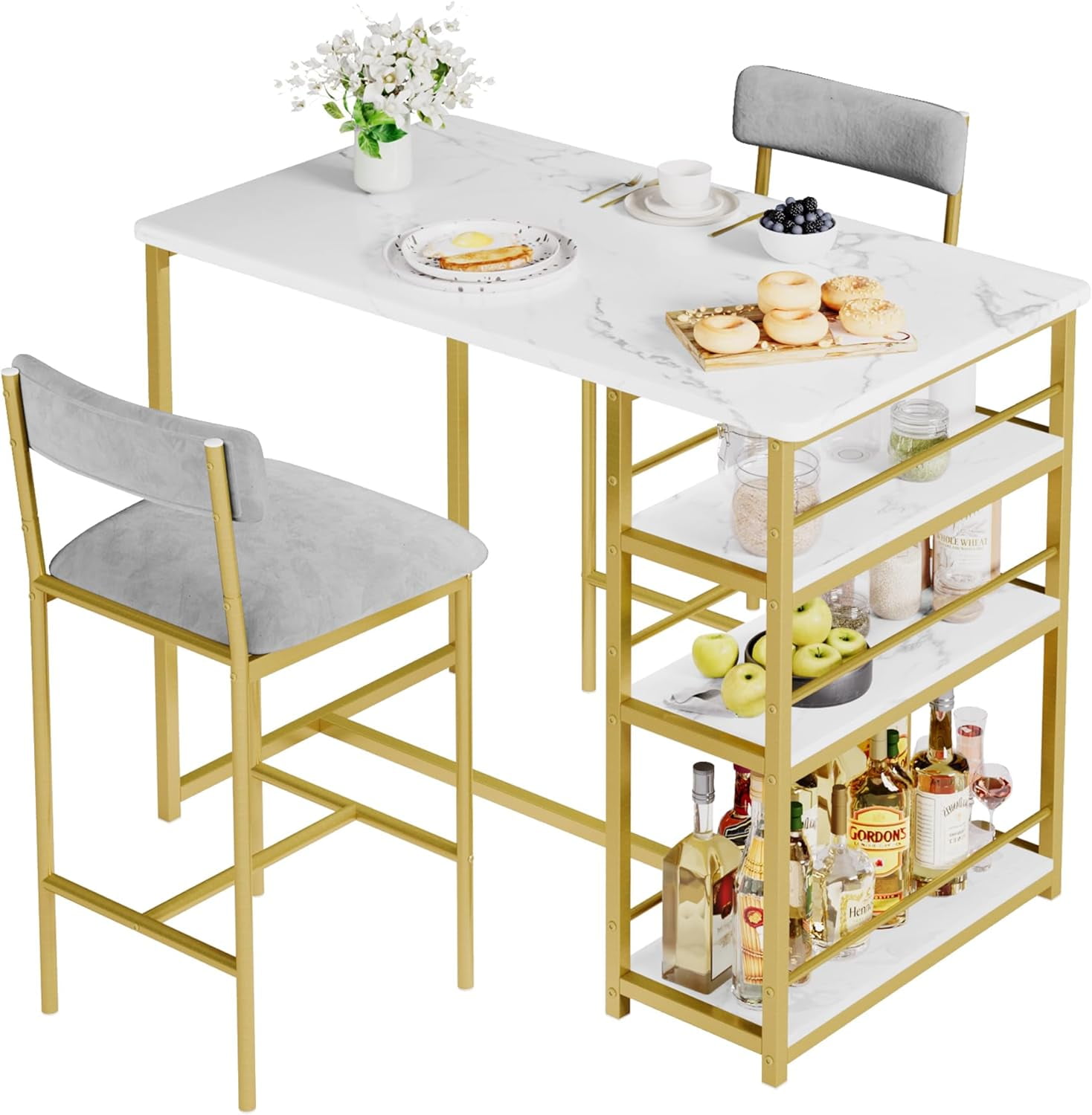 Historyli 1+2 Set Dining Table,Kitchen Table with 2 Upholstered Bar ...
