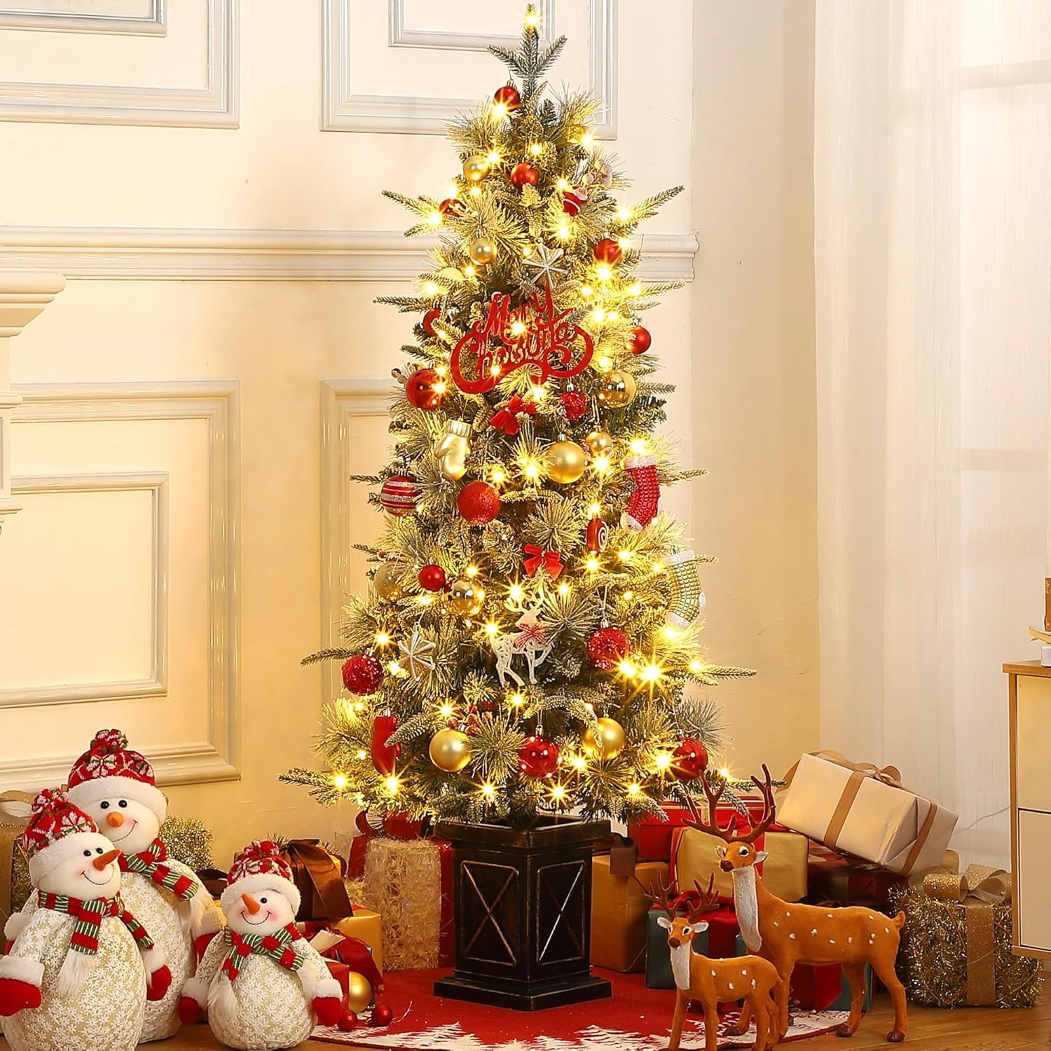 Historyli 4.5ft Snow Flocked Christmas Tree with 108 LED Lights ...