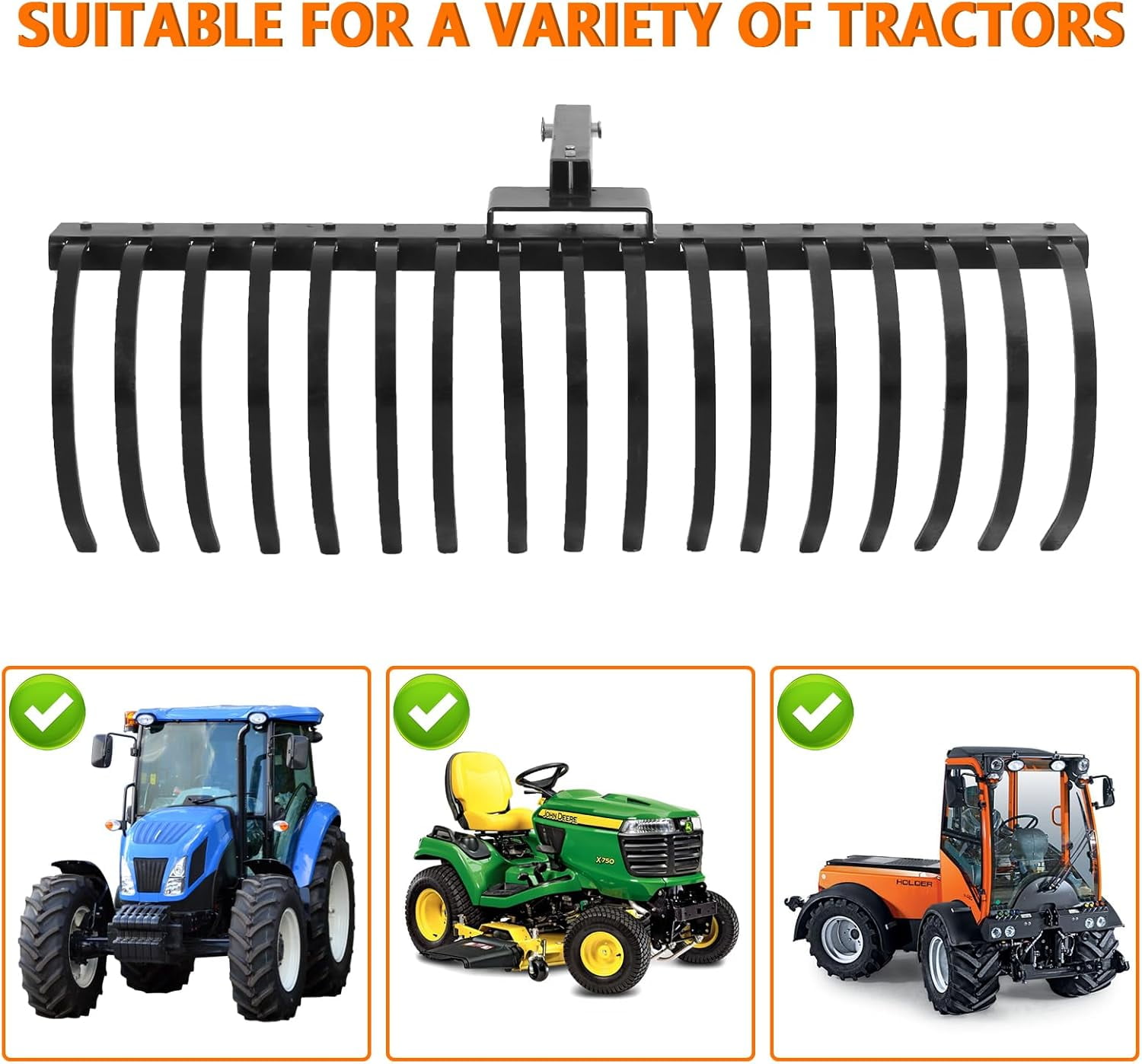 Historyli 49 Inch 3-Point Tractor Landscape Rake with 18 Tines ...