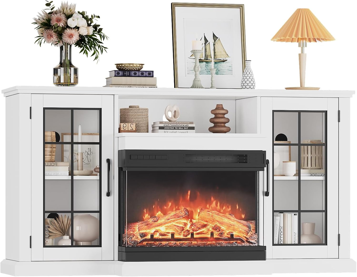 Historyli 59 in 3 Sided Glass Fireplace TV StandRustic Media Console ...