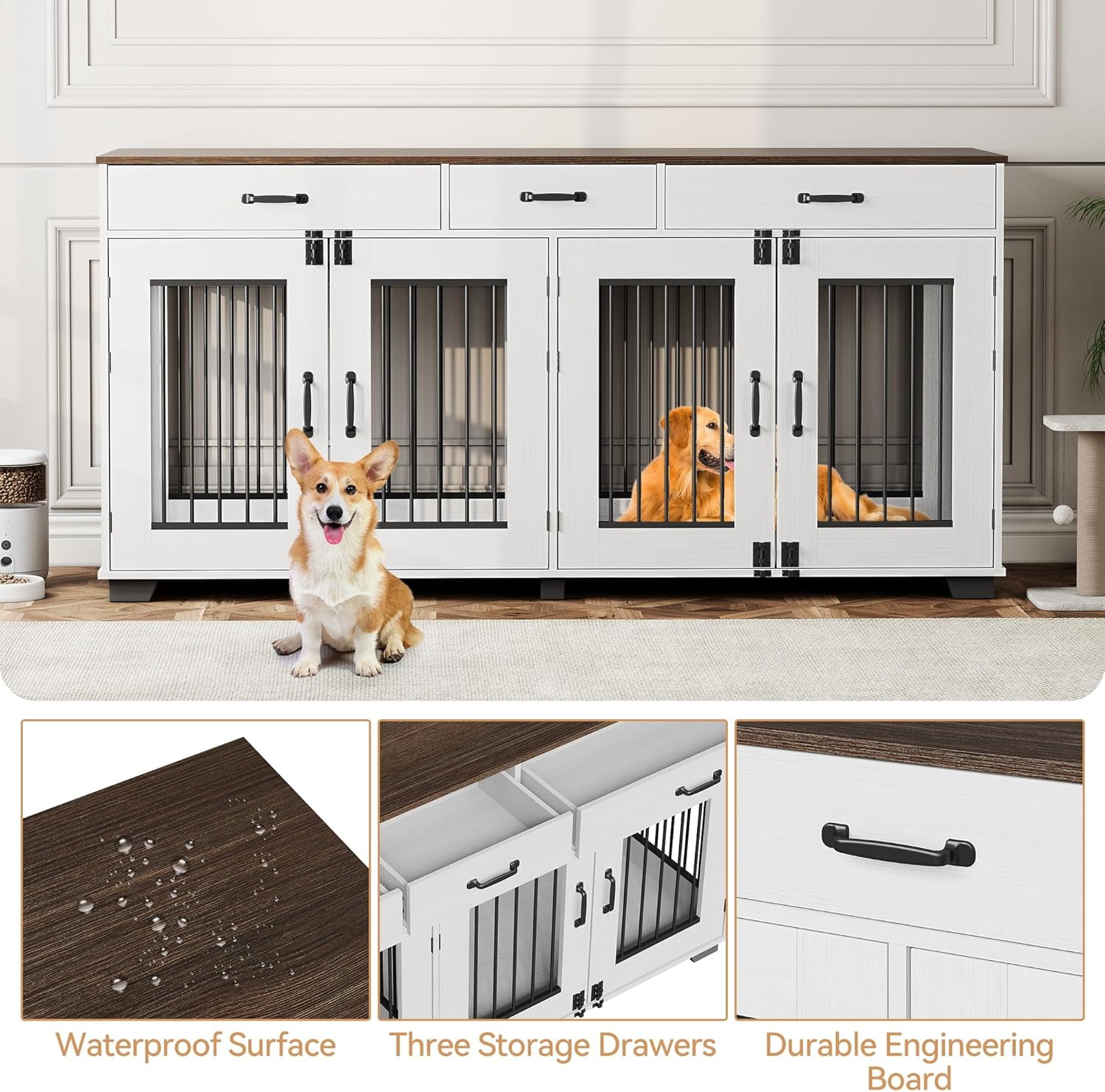 Historyli Double Dog Crate Furniture-71Inch with 3 Storage Drawers and ...