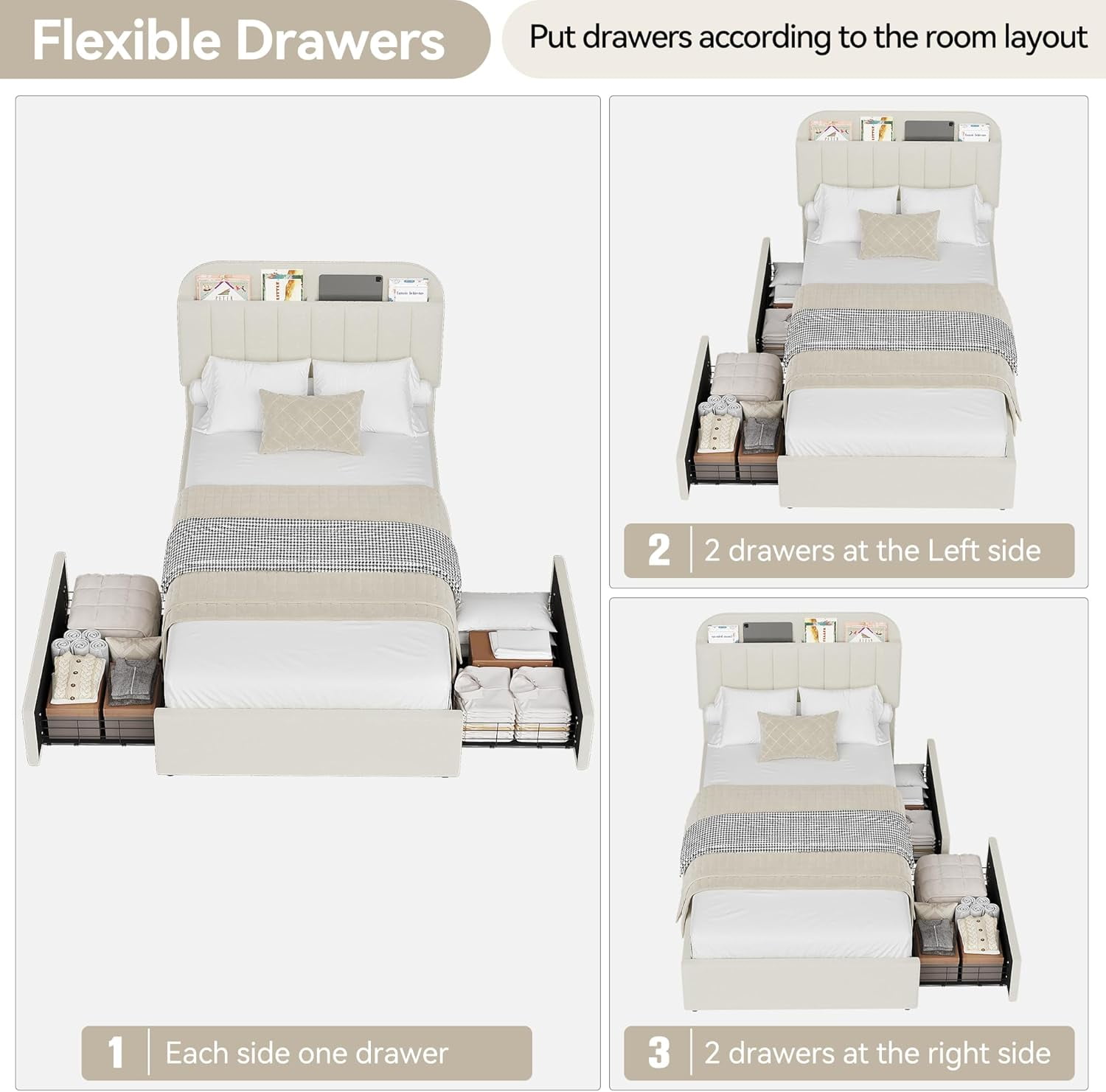 Historyli FULL Size Bed Frame-with Storage Headboard and 2 Drawers ...