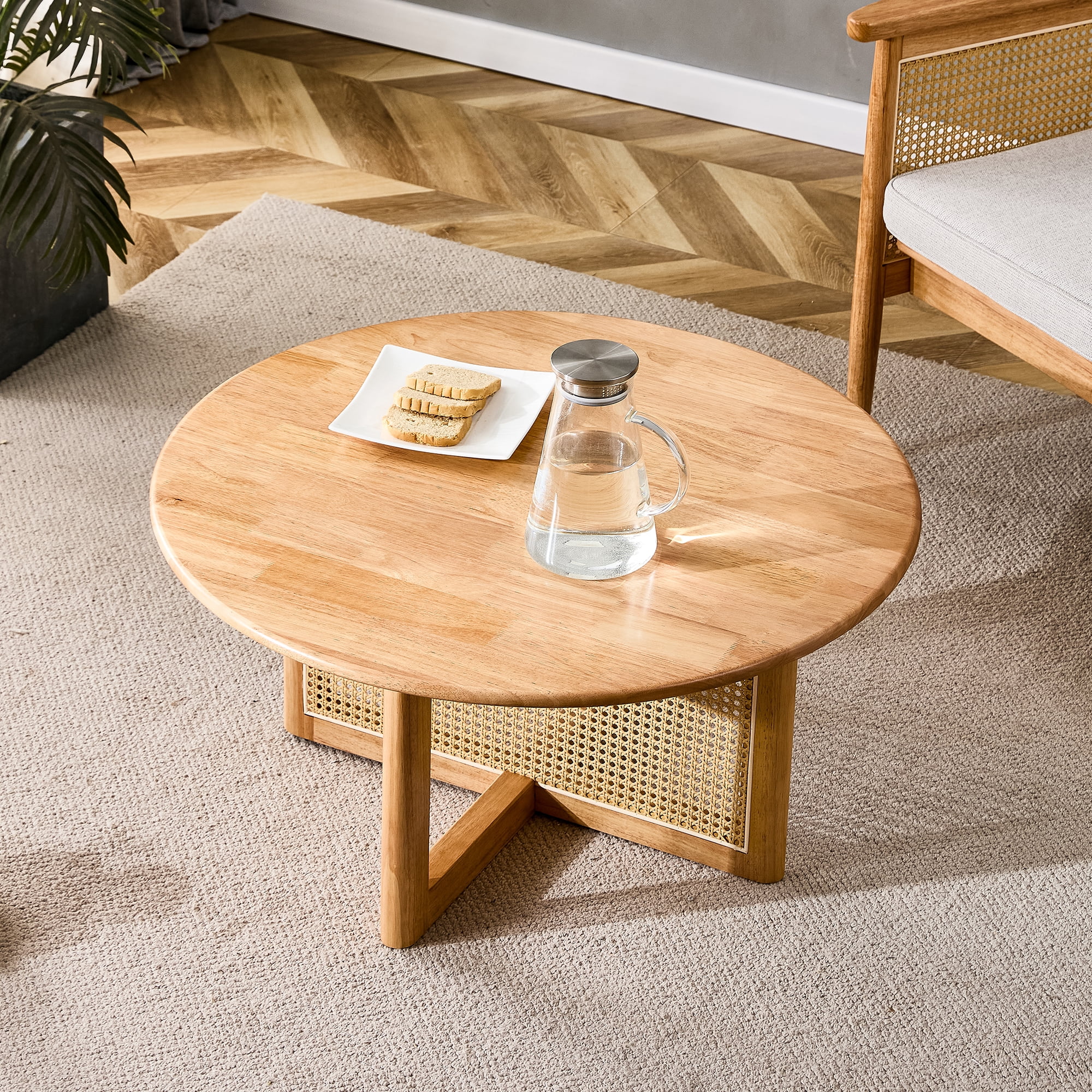 Historyli Go5H Round Coffee Table With Rattan Accents Modern Circle ...