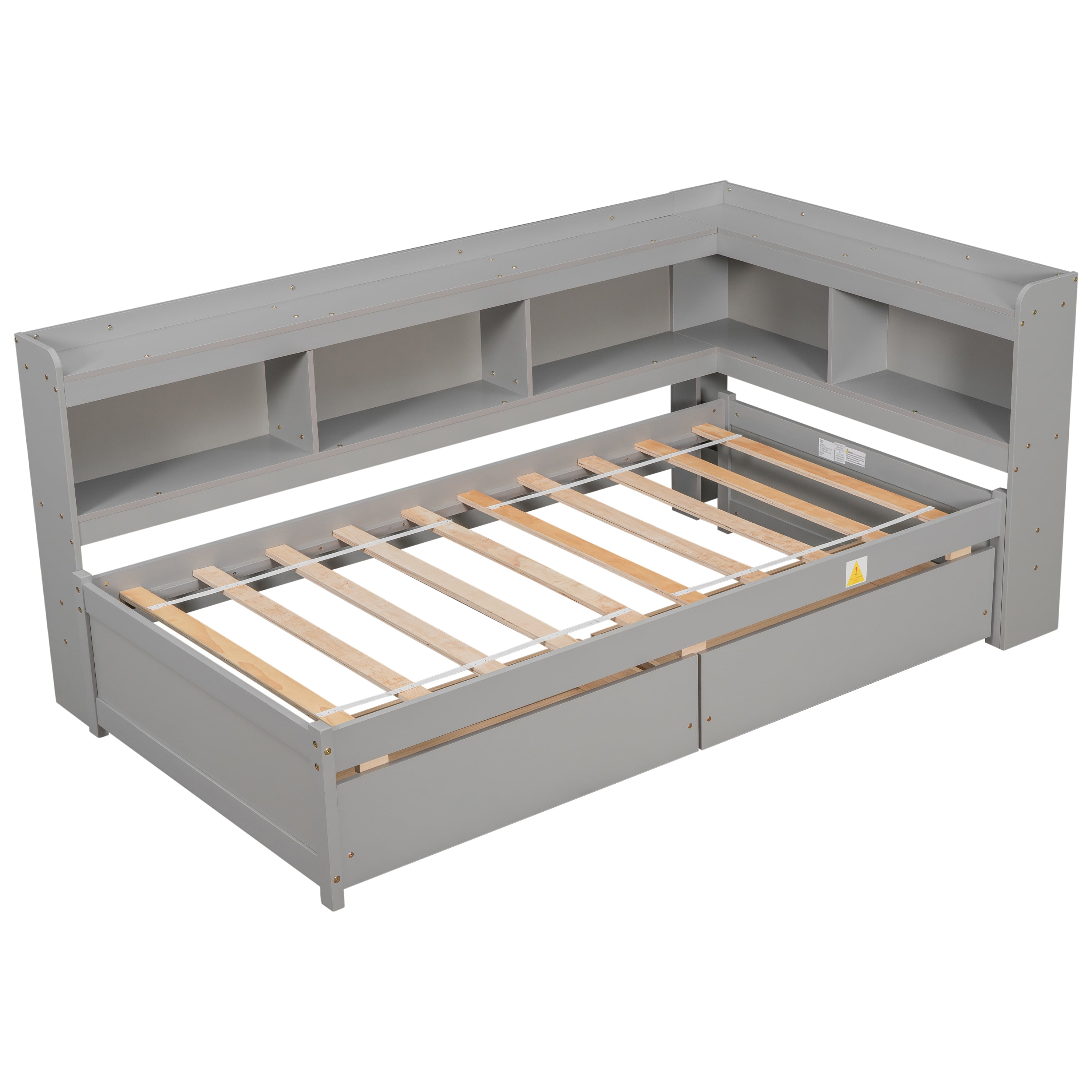 Historyli Go5H Twin Size Bed With L-shaped Bookcases Wooden Platform Bed Frame With 2 Storage ...