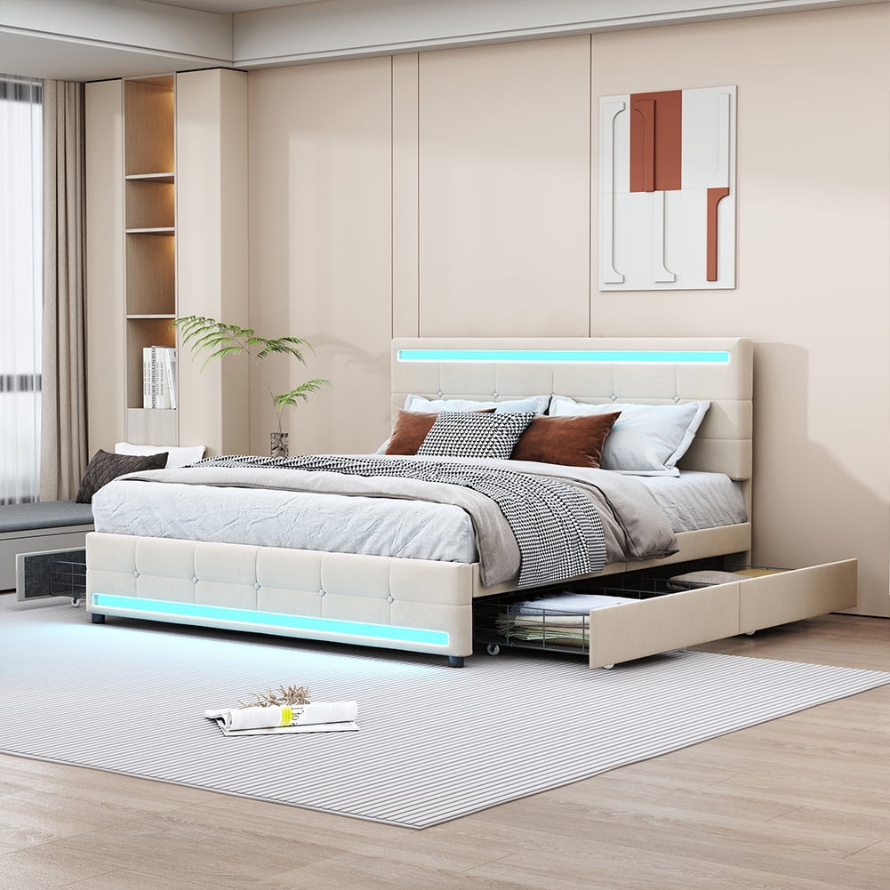 Historyli Go5H Upholstered Bed With Headboard LED Light 4 Drawers Type ...