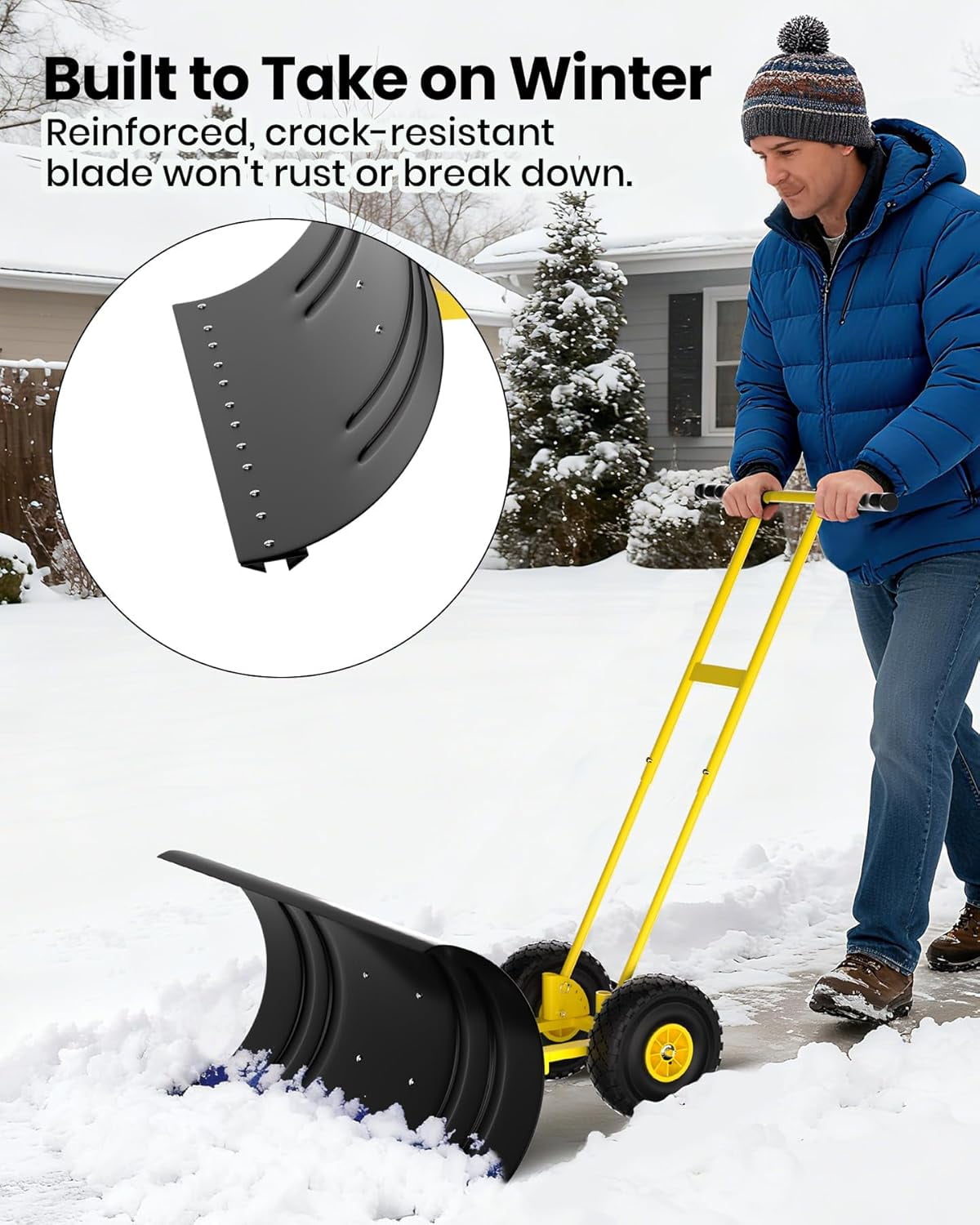 Historyli Snow Pusher-36In with Wheels for Driveway-Heavy Duty Steel ...