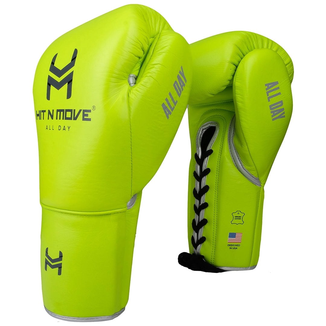 Hit N Move Boxing Gloves - All Day Pro Balance 16oz Neon - Lace Up ...