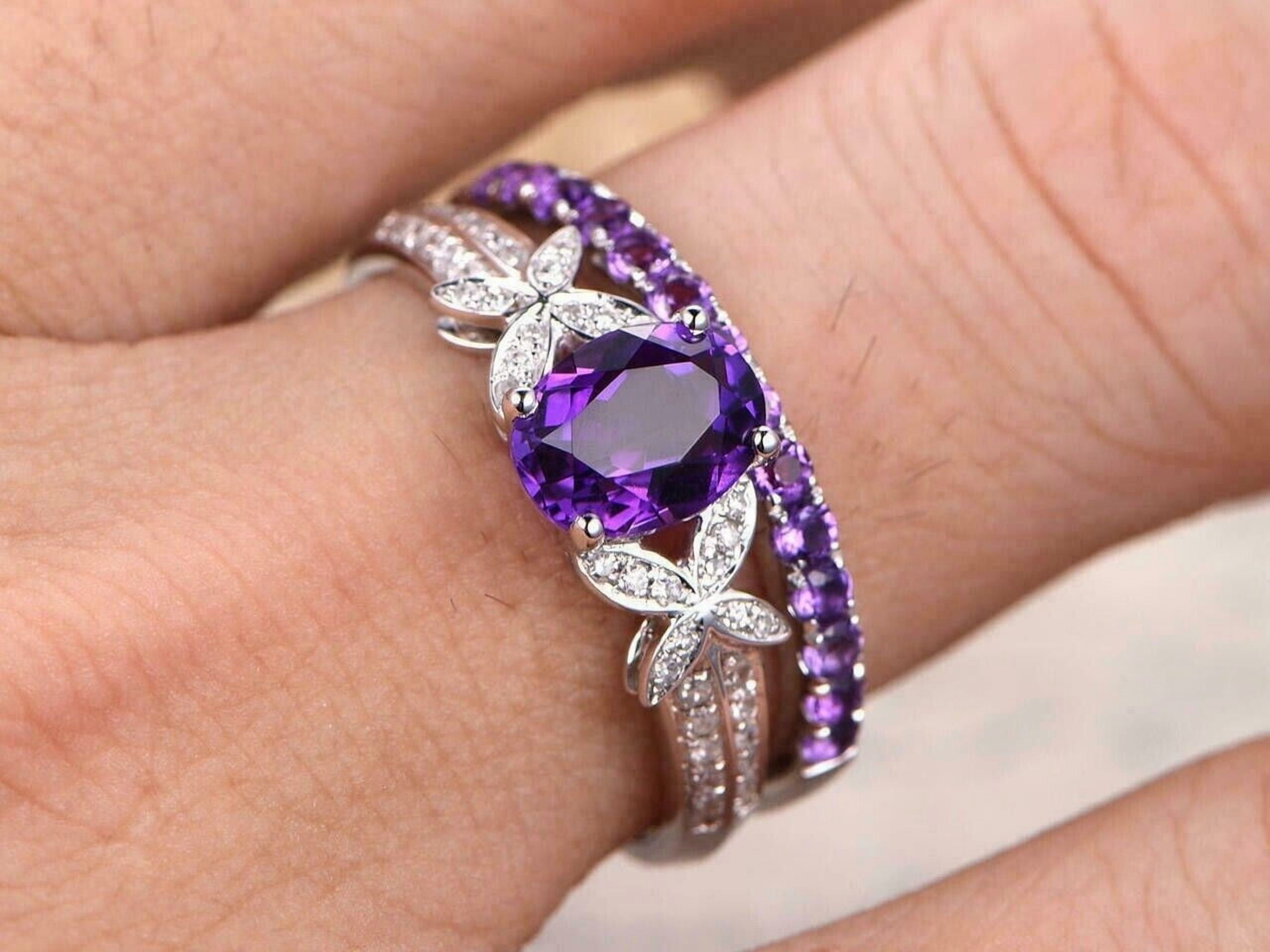 Hitanshu Jewels 3Ct Oval Cut Purple CZ 14K White Gold Plated Wedding Bridal Ring Set - Walmart.com
