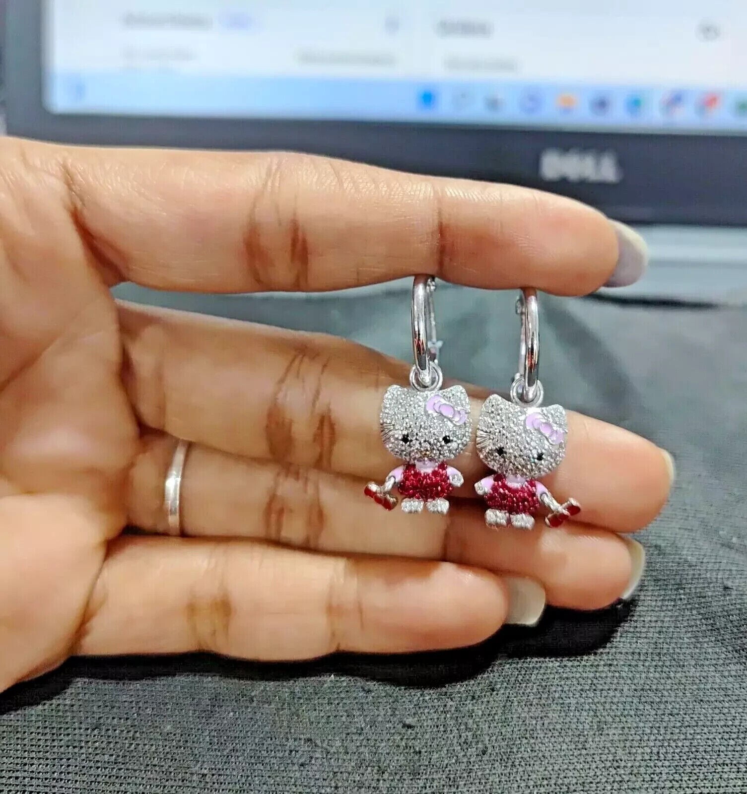 Hitanshu Jewels Hello Kitty Dangle Earrings 2Ct Round CZ In 14k White ...