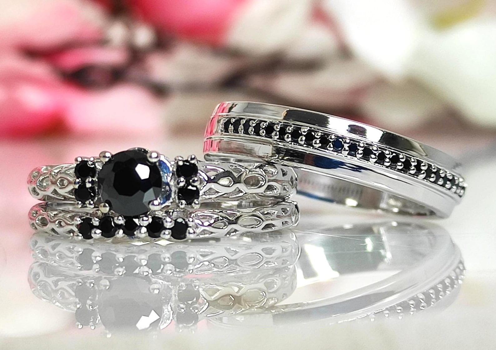 Hitanshu Jewels His & Her 3Pc Black CZ Trio Wedding Ring Set in Silver Finish – Bridal ...