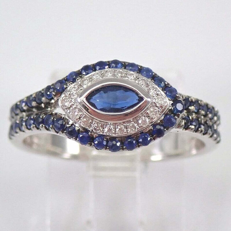 Hitanshu Jewels Marquise Cut Blue Cubic Zirconia Wedding Band Ring for Her 14K White Gold Finish ...