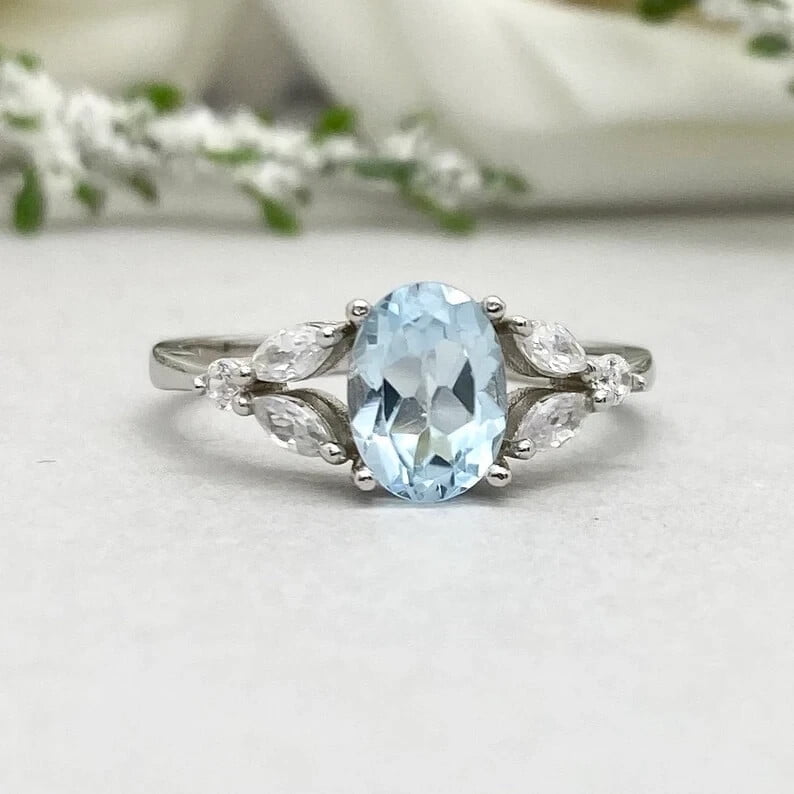 Hitanshu Jewels Oval Cut Aqua Cubic Zirconia 14K White Gold Finish For Womens Wedding Band Ring ...