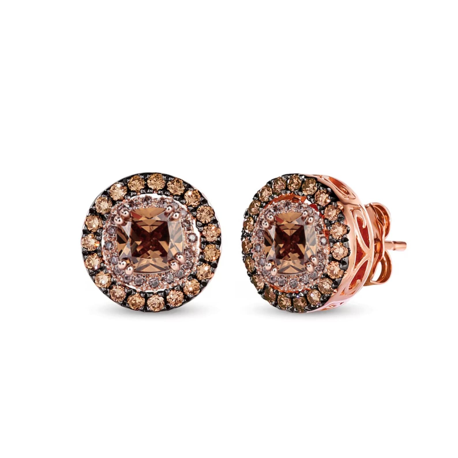 Hitanshu Jewels Rose Gold Finish Halo Stud Earrings Brown Cushion-Cut ...