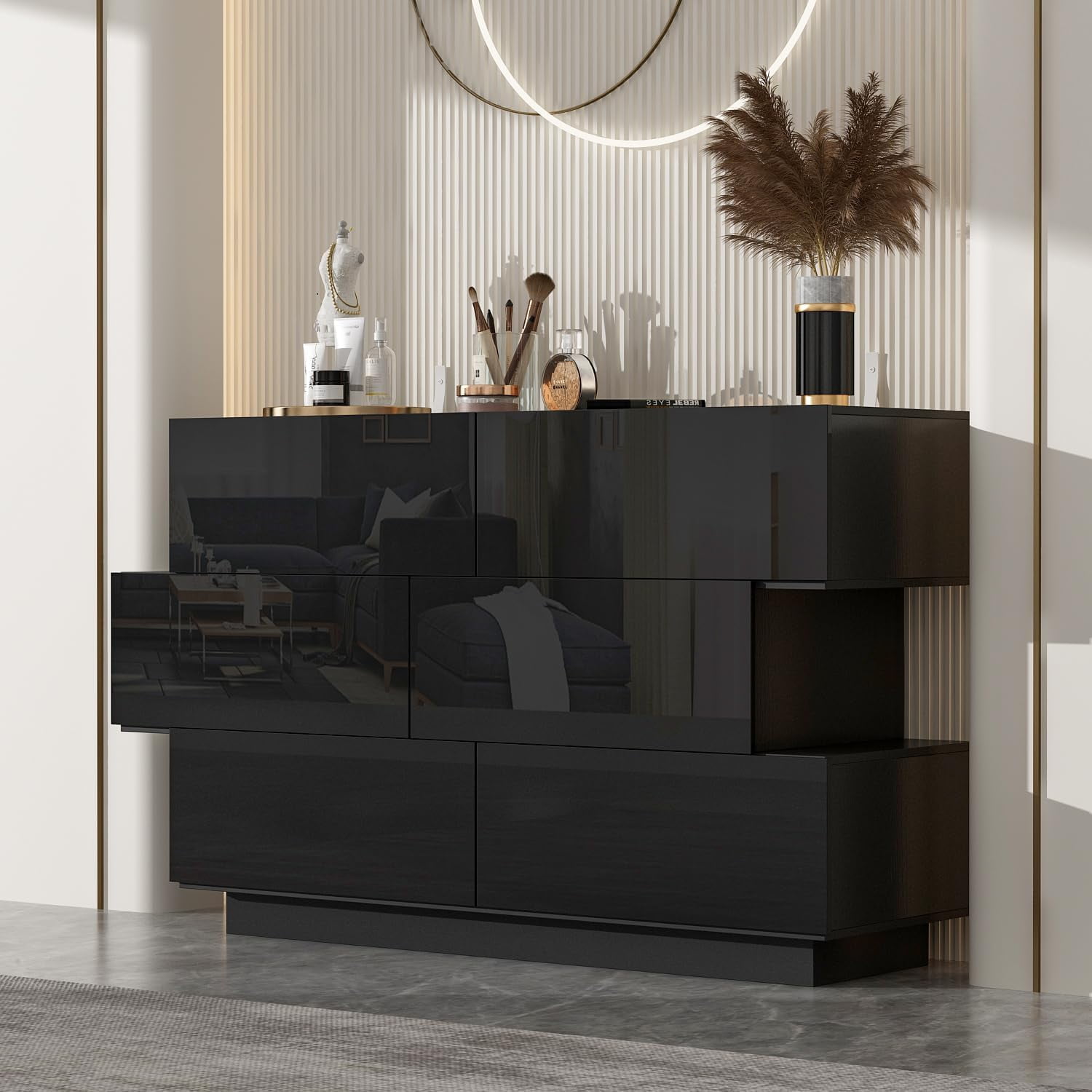 Hitow 6 Drawer Double Dresser with Irregular Shape, Wood Dresser Chest ...