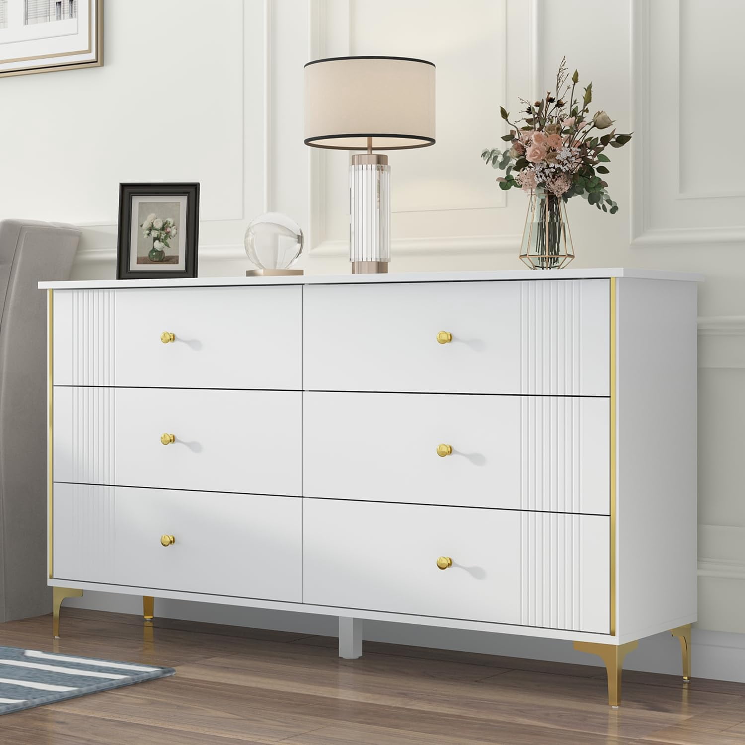 Hitow 6 Drawer Double Dresser with Modern Faces, Wood Dresser Chest ...