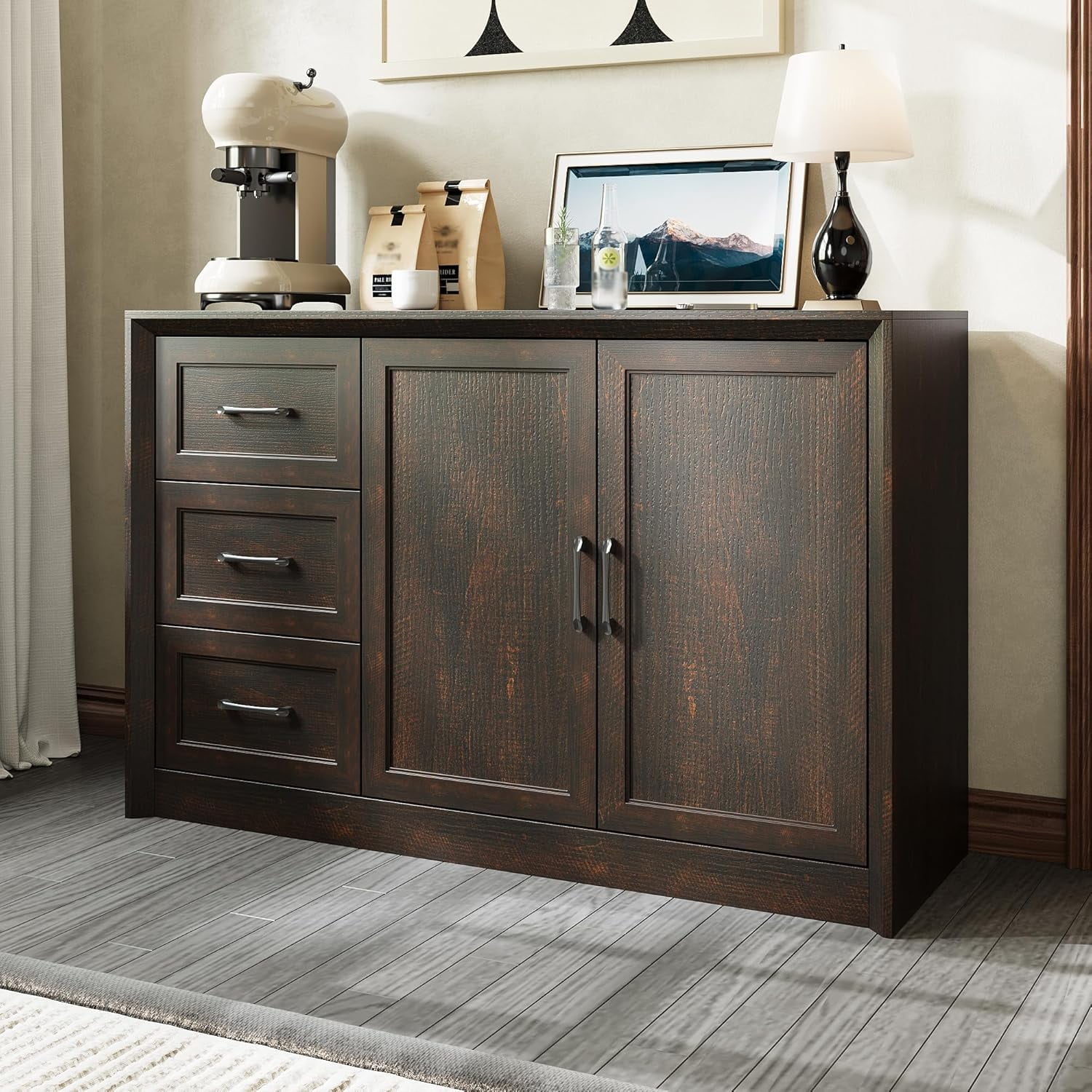 Hitow Buffet Cabinet with 3 Drawers & 2 Doors, Floor Storage Cabinet ...