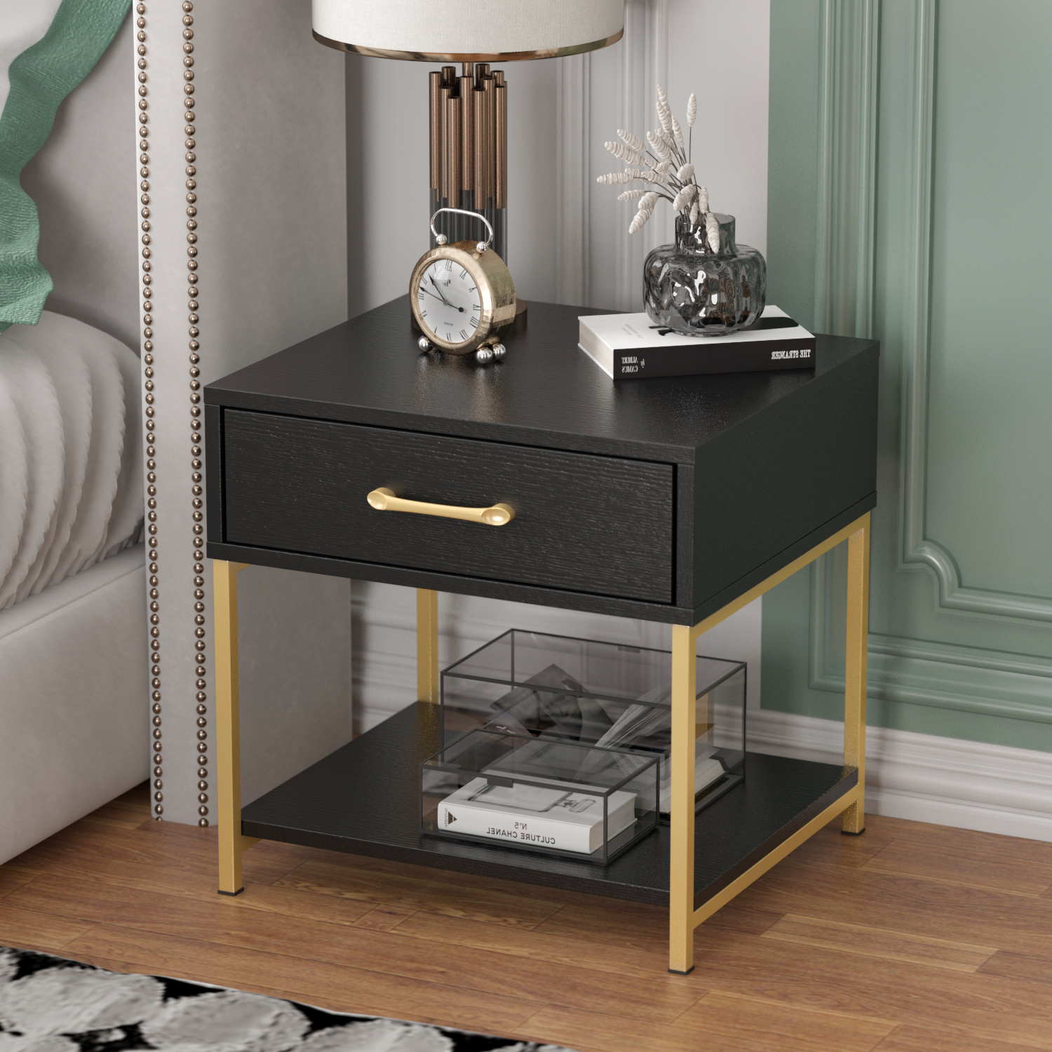 OXYLIFE Modern Nightstands with Drawer and Open Shelf, Metal Frame ...