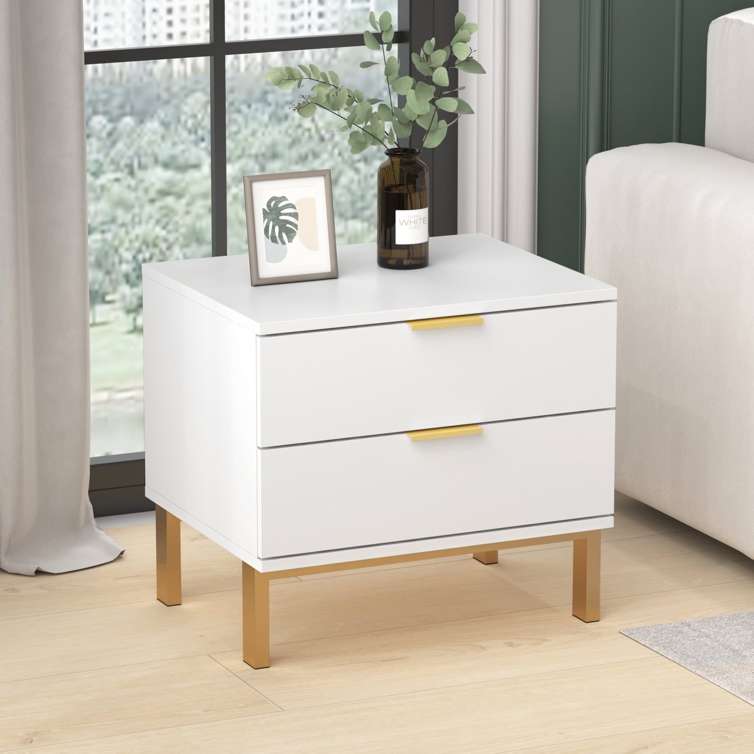 OXYLIFE Nightstand with 2 Drawers, White End Side Table for Living Room ...