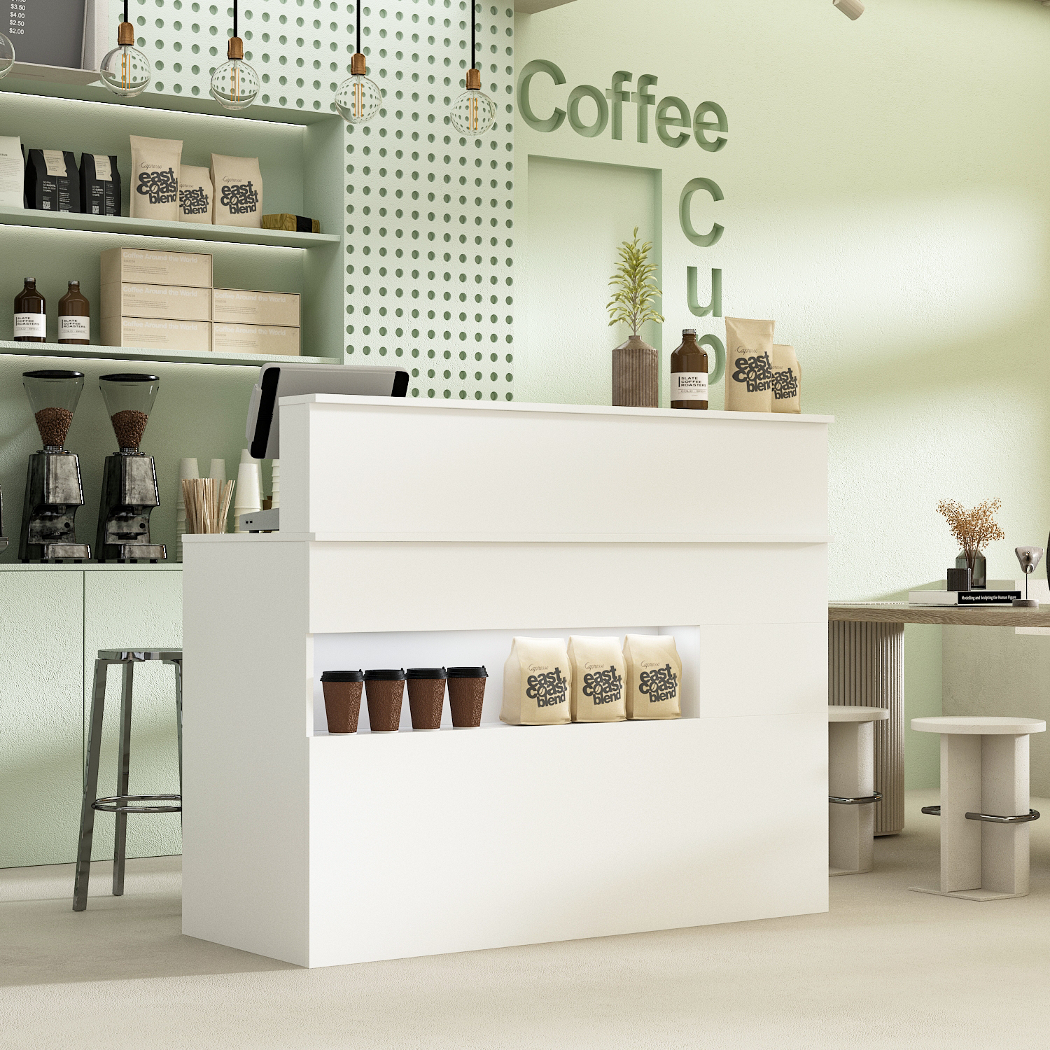 OXYLIFE L-Shape Reception Desk with Hutch and Lockable Drawer, Front ...