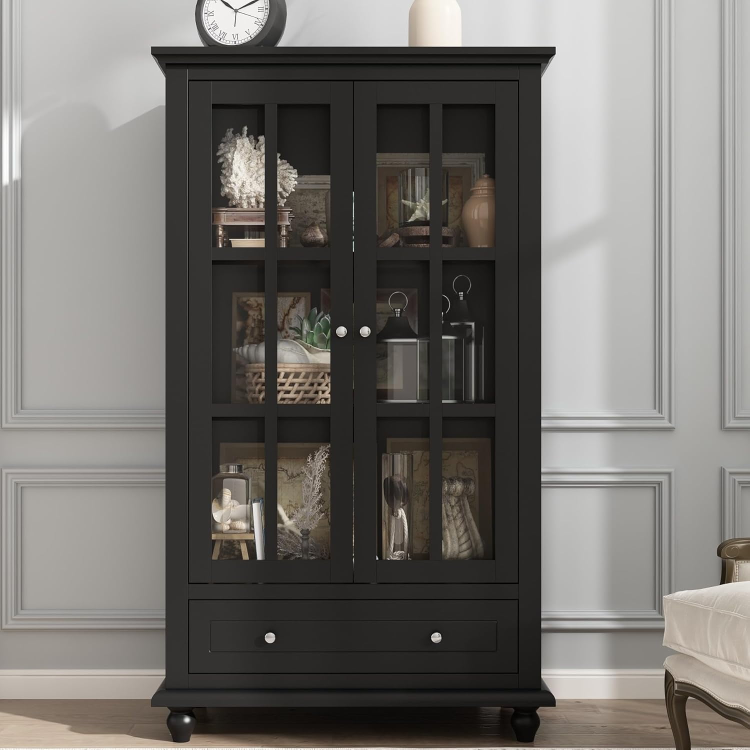 Hitow Tall Bookshelf Black Bookcase with Glass Doors, Wooden Display ...
