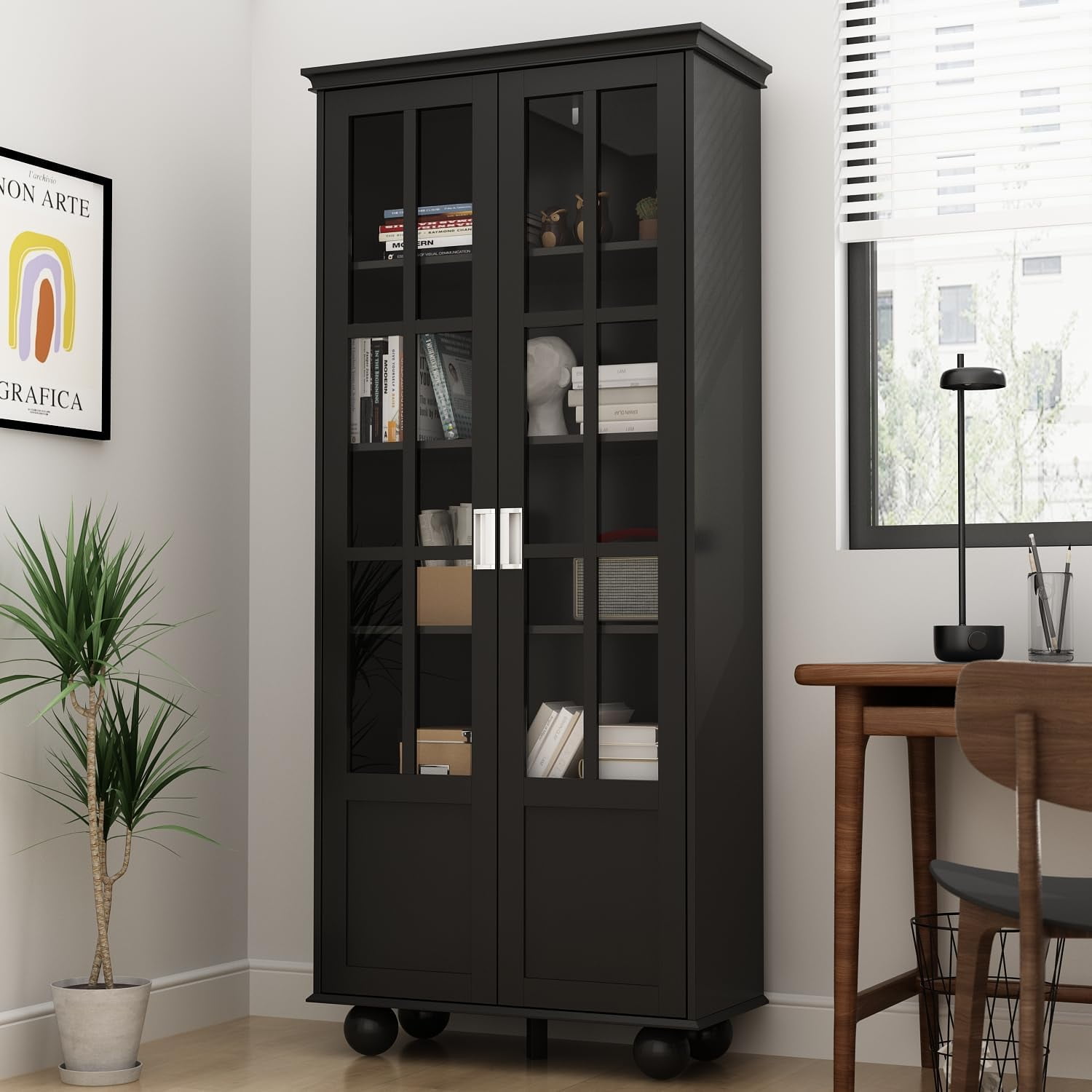 Hitow Tall Bookshelf Black Bookcase with Glass Doors, Wooden Display ...