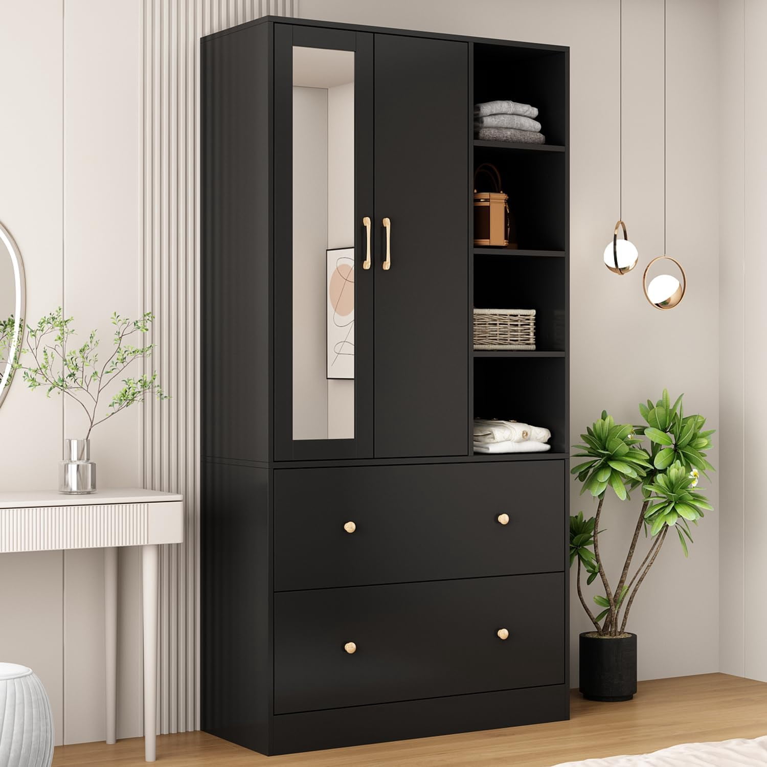 Hitow Wardrobe Armoire Closet with Mirror, 2 Door Wardrobe Cabinet with ...